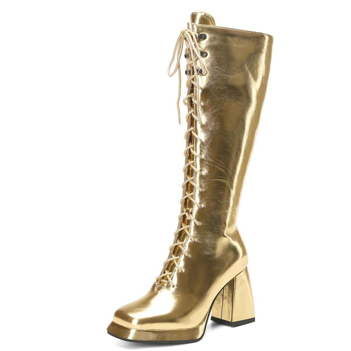 SACFOF Platform Boots for Women Knee High Boots Square Toe Chunky Block ...