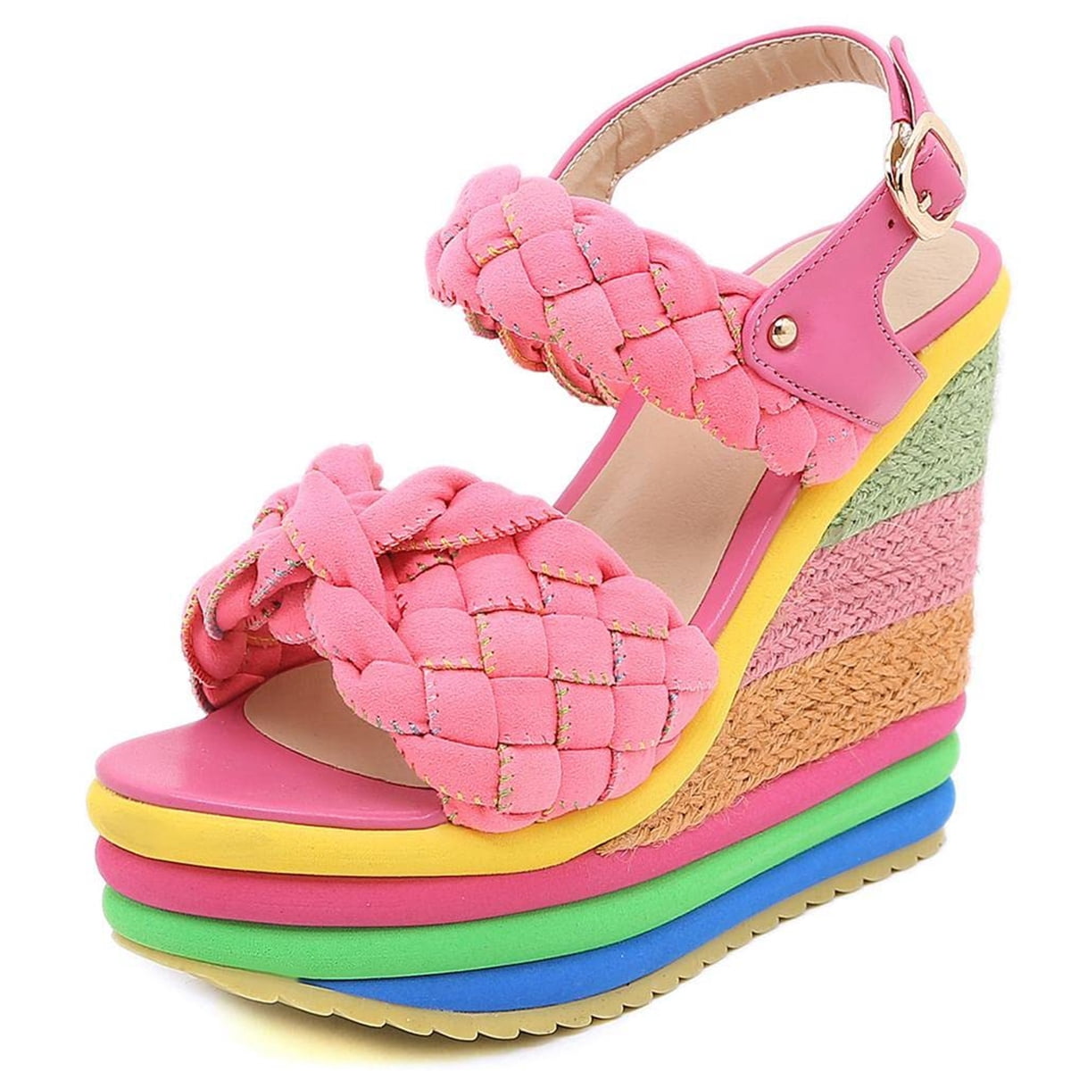 SACFOF Wedge Sandals for Women Colorful Double Woven Band Espadrilles ...