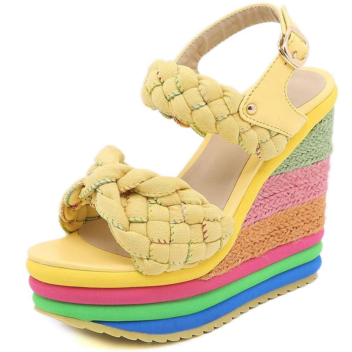 SACFOF Wedge Sandals for Women Colorful Double Woven Band Espadrilles ...