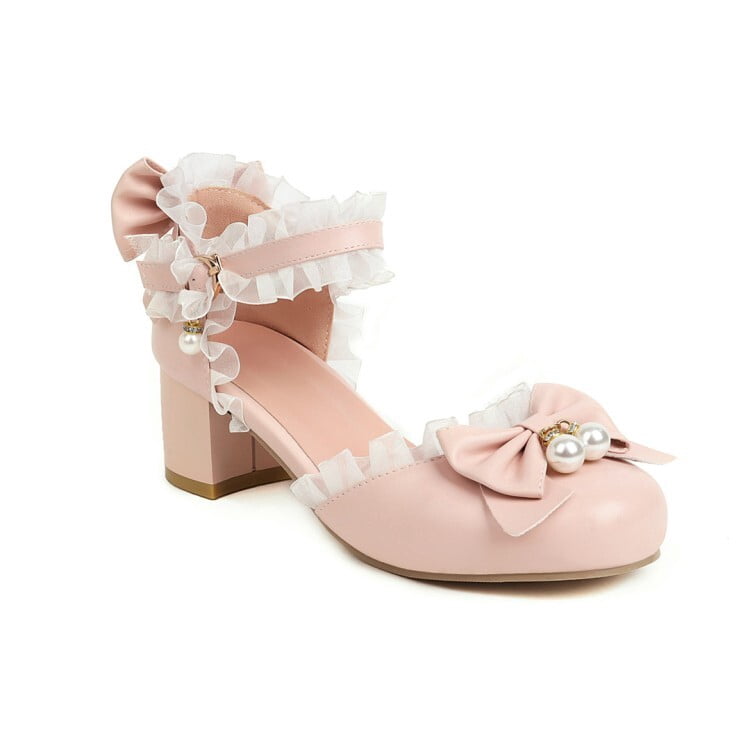 SACFOF Women Kawaii Mid Block Heel Mary Jane Rockabilly Pumps with Bow ...