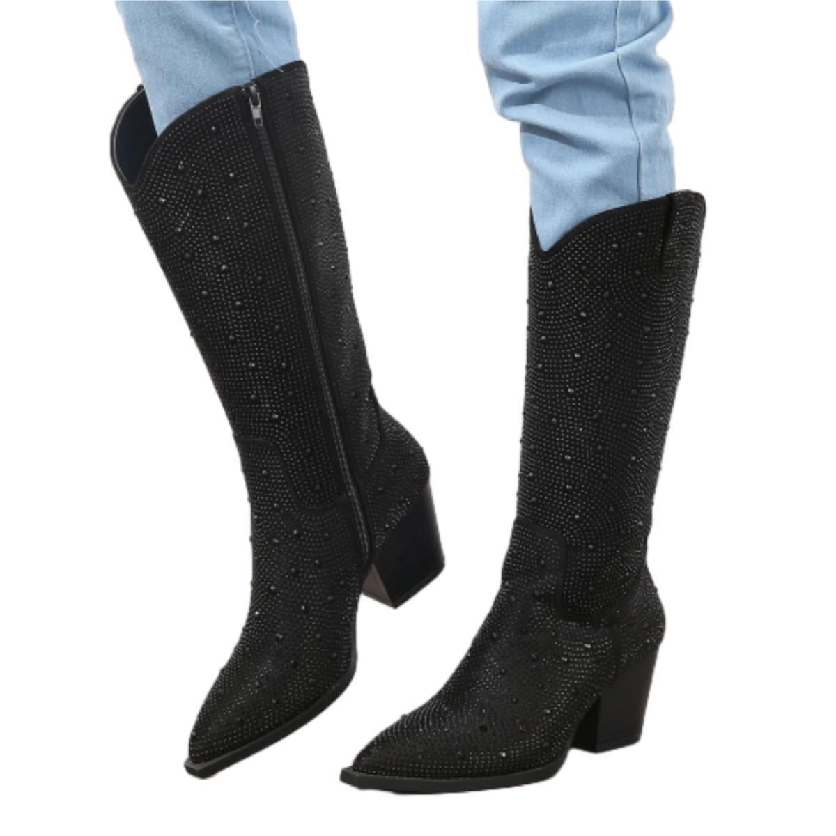 SACFOF Women Sparkly Rhinestones Knee High Boots Pointed Toe Chunky ...