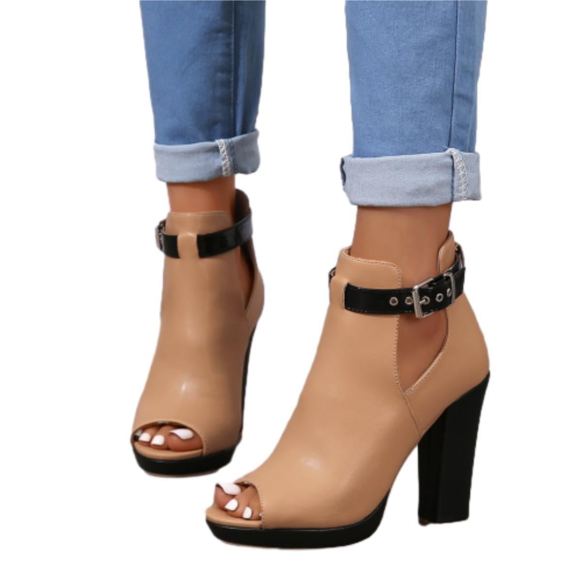 SACFOF Women's Cutout Peep Toe Stacked Chunky Heels Sandals Summer ...