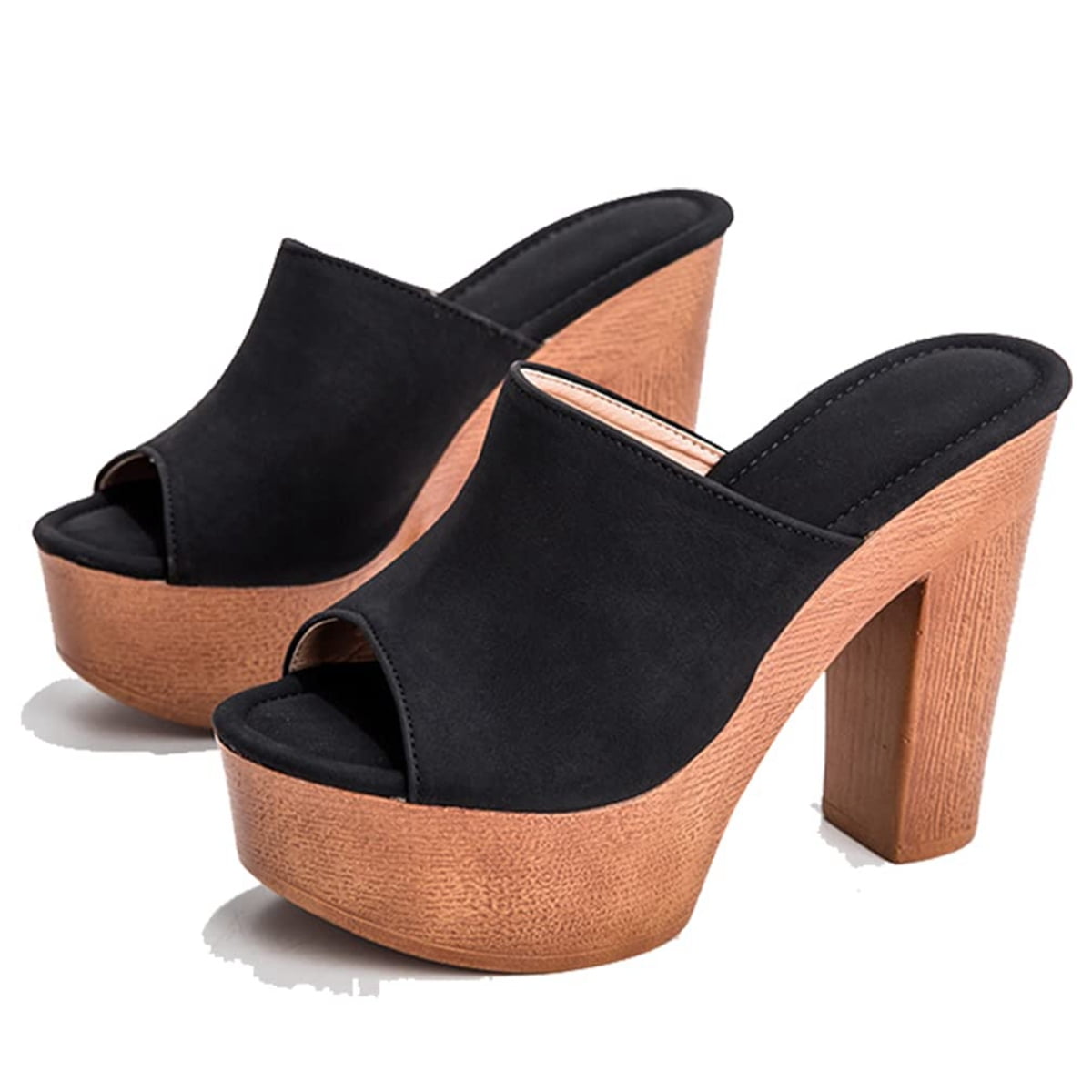 SACFOF Women's Peep Toe Platform Chunky High Heel Mule Sandals Slip On ...