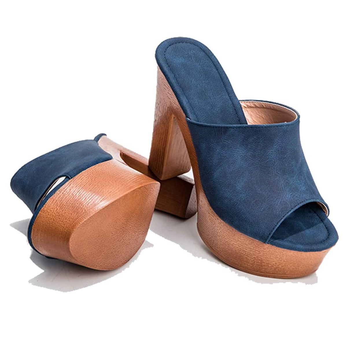 SACFOF Women's Peep Toe Platform Chunky High Heel Mule Sandals Slip On ...