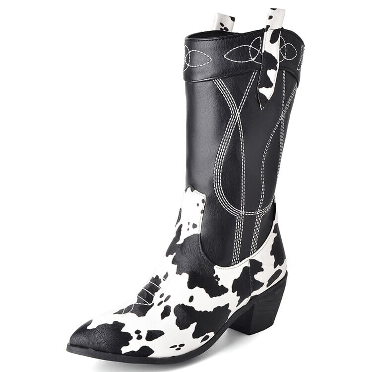 SACFOF Women's Western Cow Print Pull On Cowgirl Knee High Boots Block ...