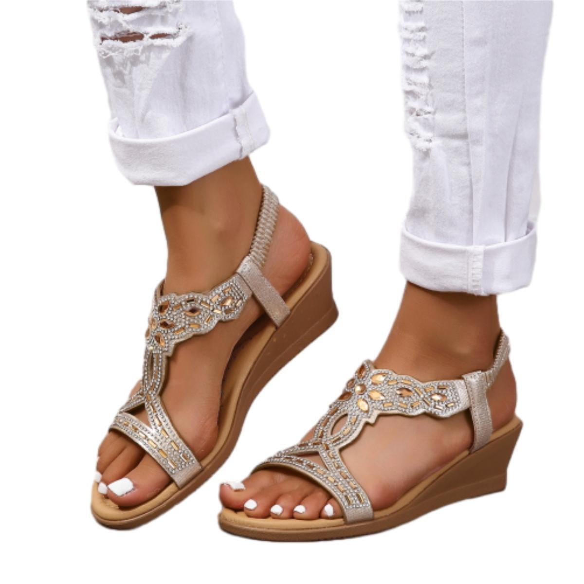 SACFOF Womens Wedge Sandals Flower Low Heel Dressy Sandals Elastic ...