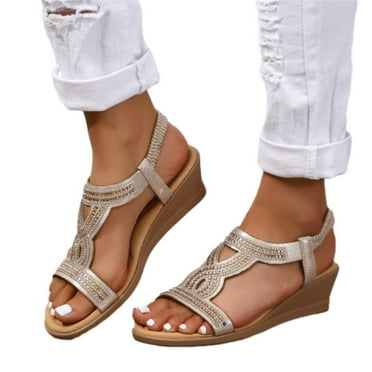 SACFOF Womens Wedge Sandals Flower Low Heel Dressy Sandals Elastic Ankle Strap Rhinestone ...