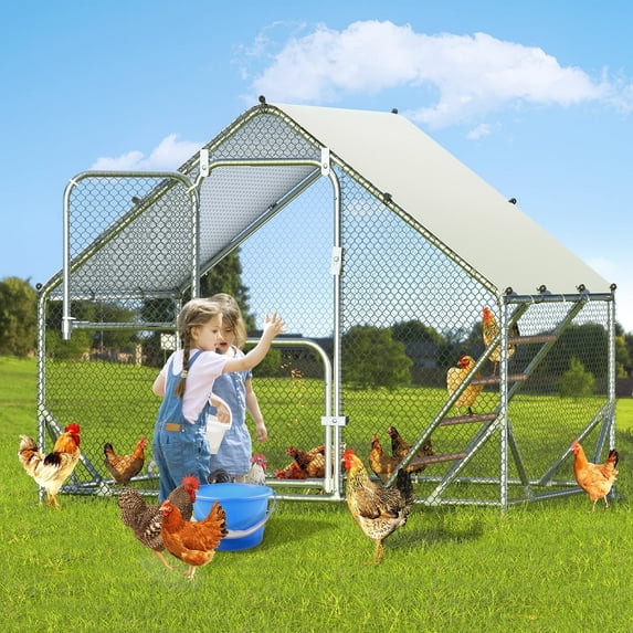 SACVON Large Metal Chicken Coop with Waterproof PE Tarp, Ground ...