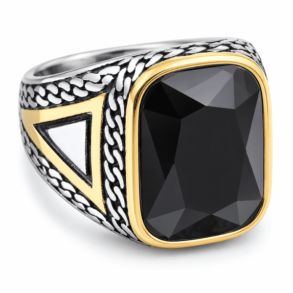 SADELU Men’s Rectangular Faceted Signet Ring, Stainless Steel Band, US ...