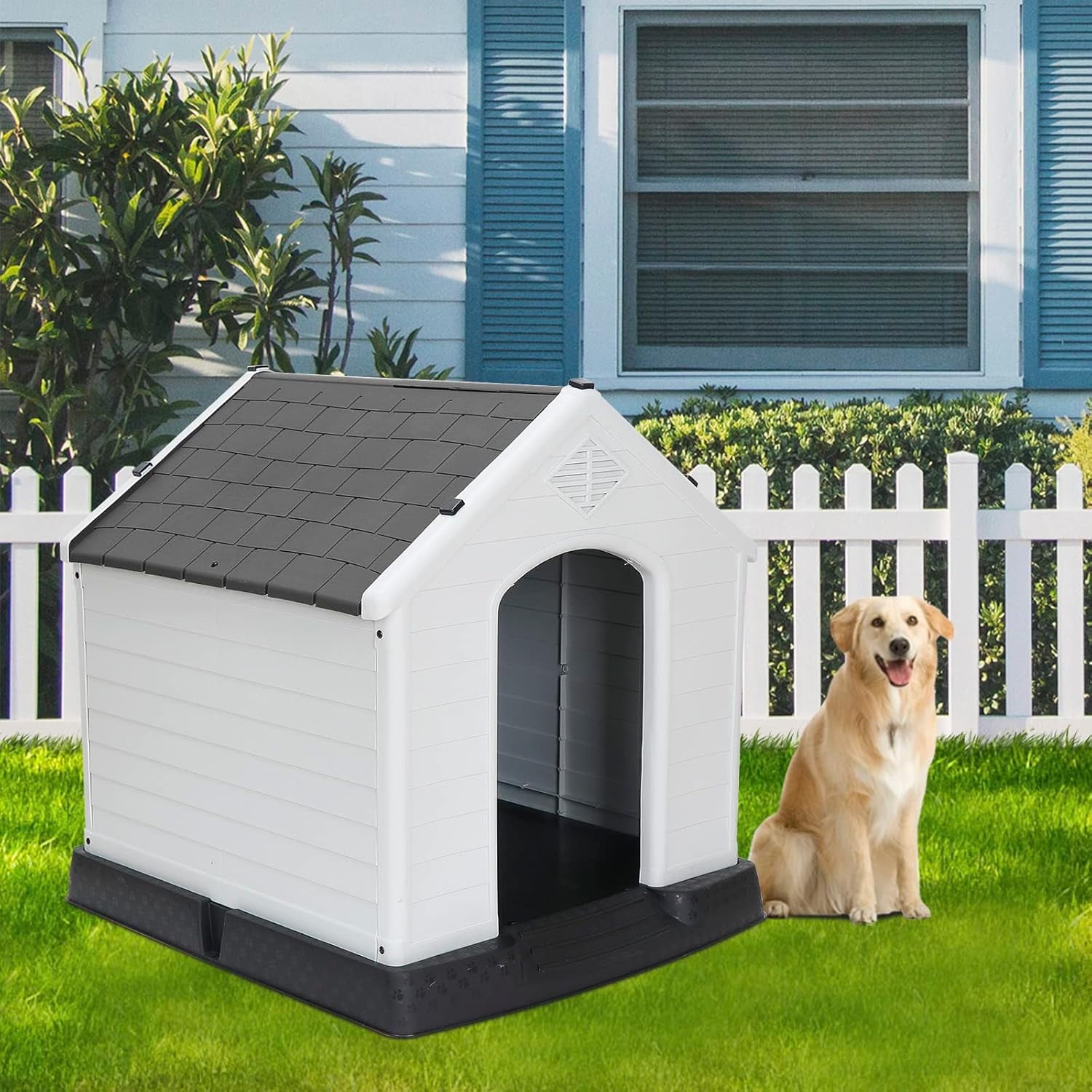 SAEWUD Waterproof Plastic Dog House with Ventilation & Raised Floor ...