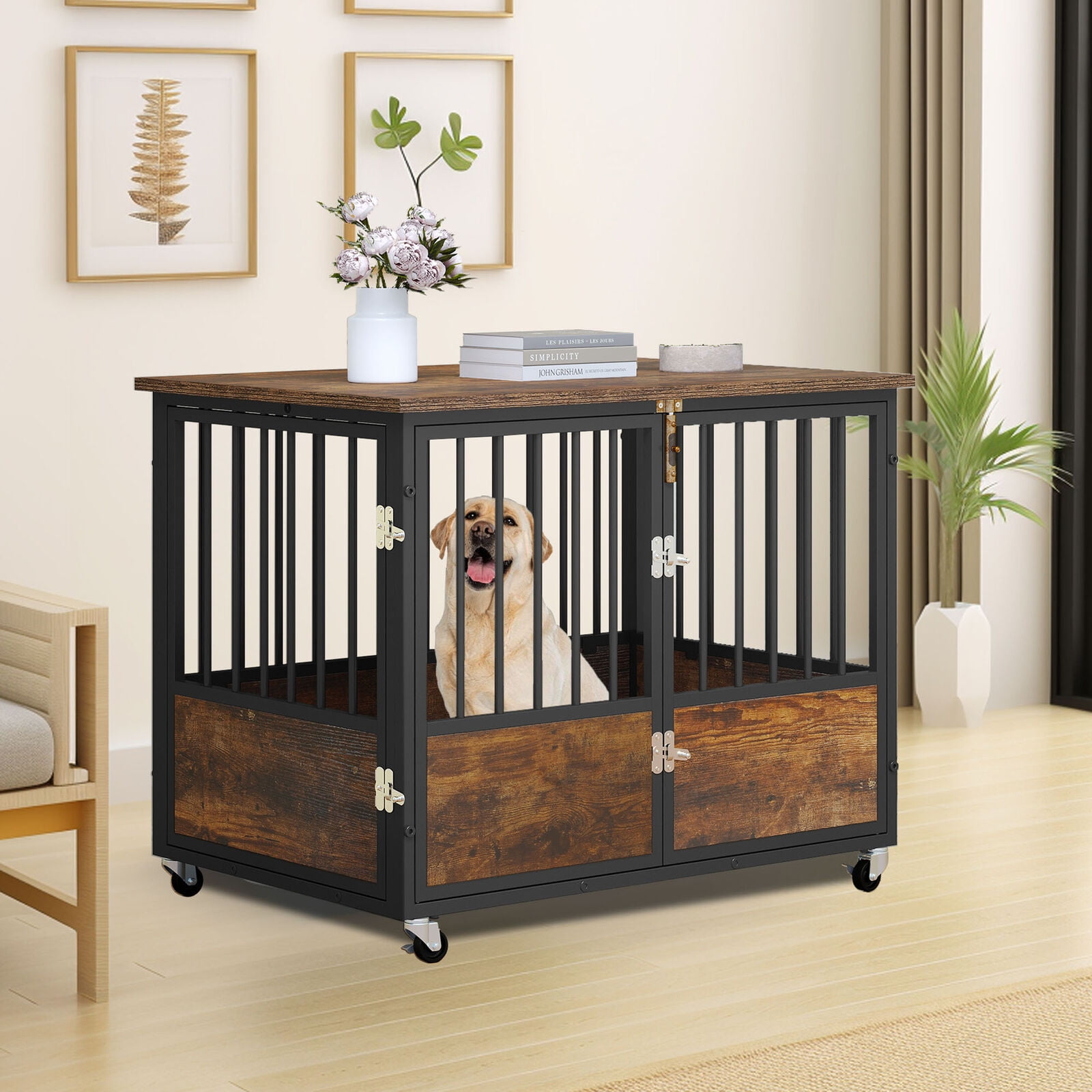 SAEWUD 38" Dog Crate Furniture with Wheels, Heavy Duty Wood Dog Cage Table with Double-Doors ...