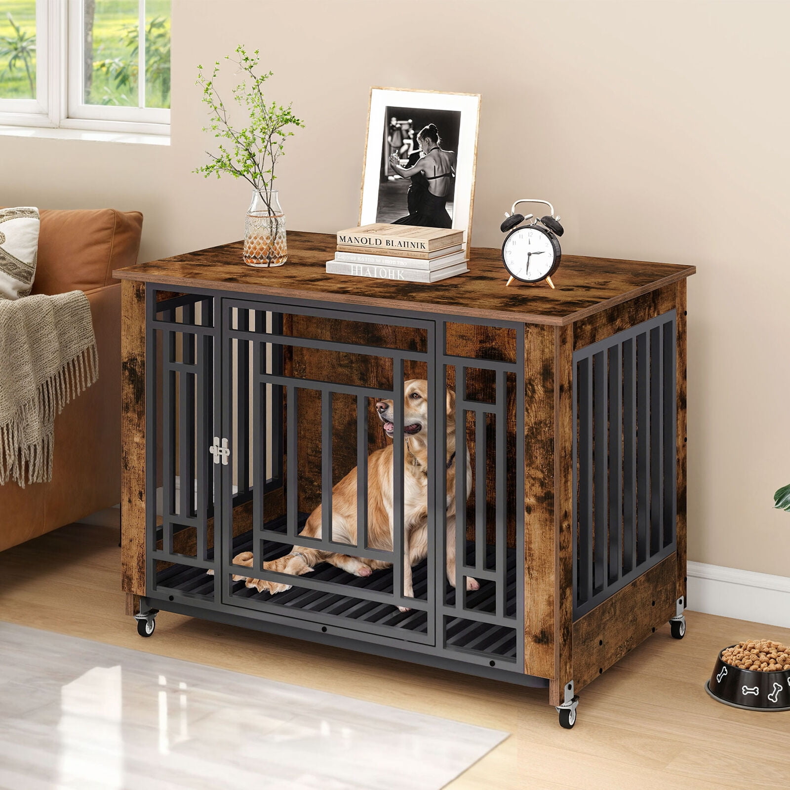 SAEWUD 38" Heavy Duty Dog Crate Furniture with Removable Tray & Wheels ...