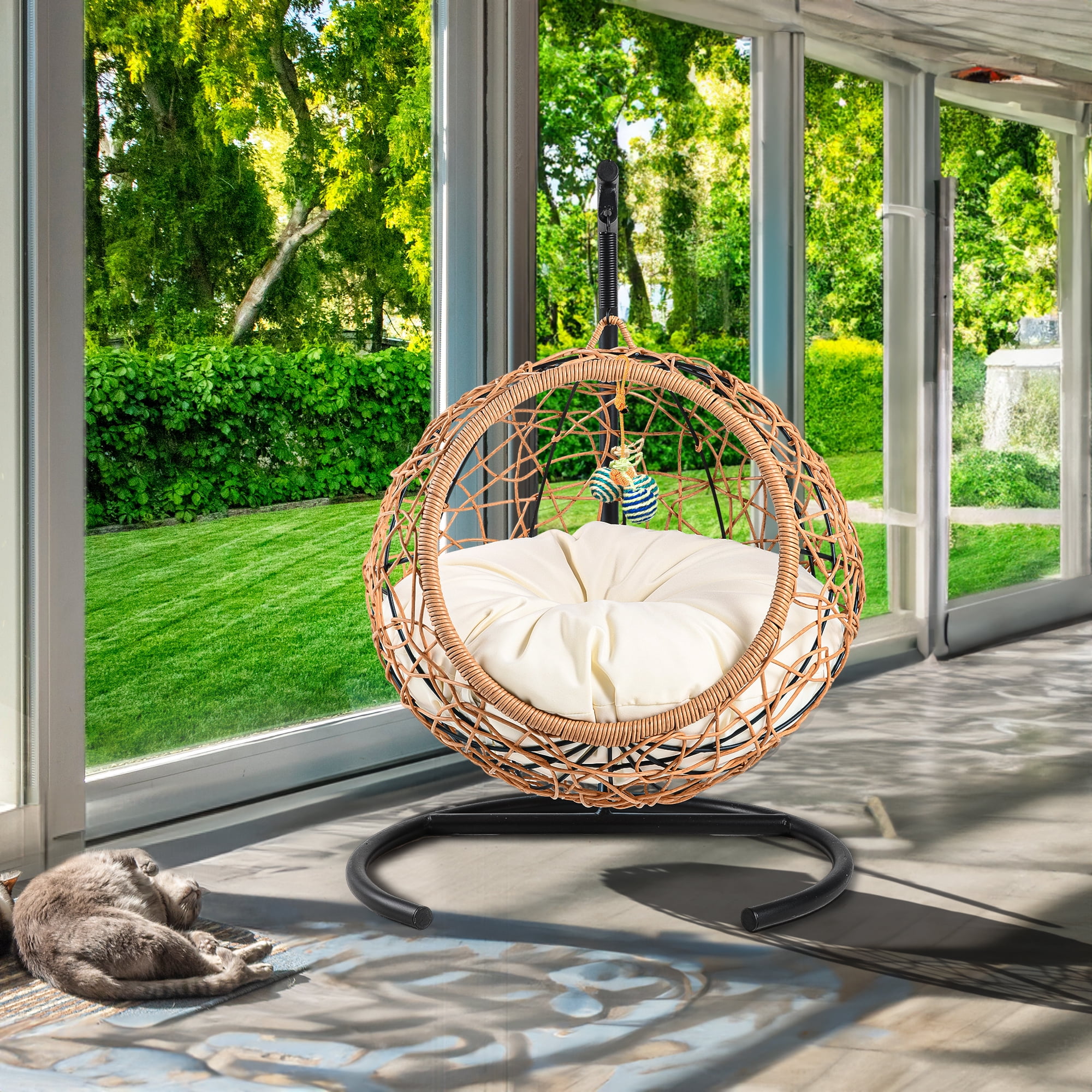 SAEWUD Indoor Cat Swing Bed with Stand & Cushion, Cat Egg Chair with Rattan Wicker Appearance ...