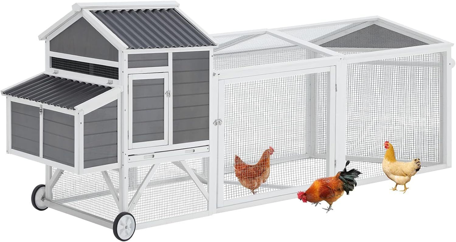 SAEWUD Large Chicken Coop with Wheels, Multi-Level Wooden Hen House ...