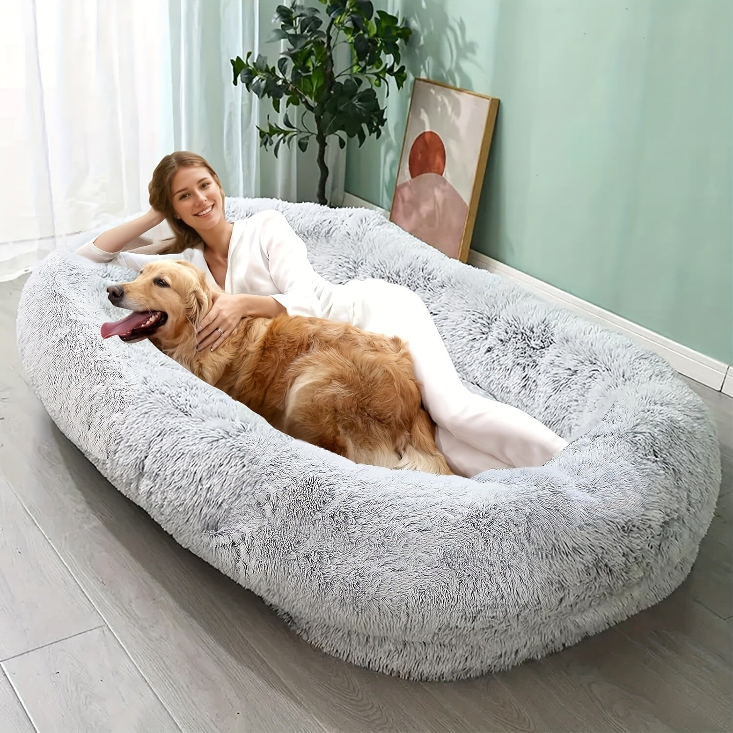 SAEWUD Large Human Dog Bed – Comfy Plush Bean Bag with Non-Slip Bottom & Storage Pocket, Ideal ...