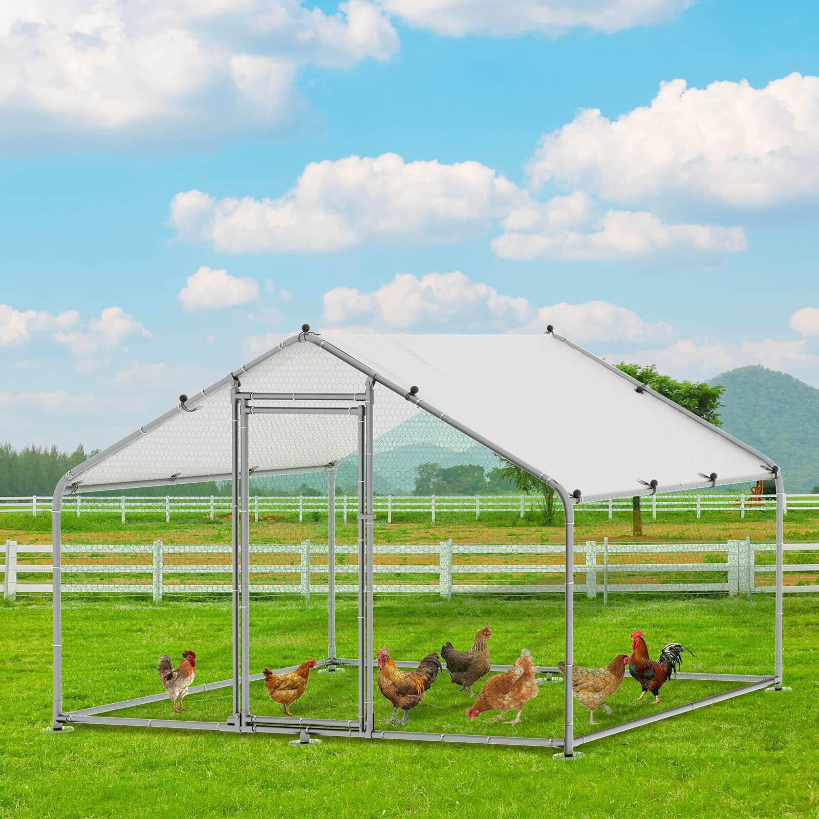 SAEWUD Large Walk-In Metal Chicken Coop with Waterproof Cover – Outdoor ...