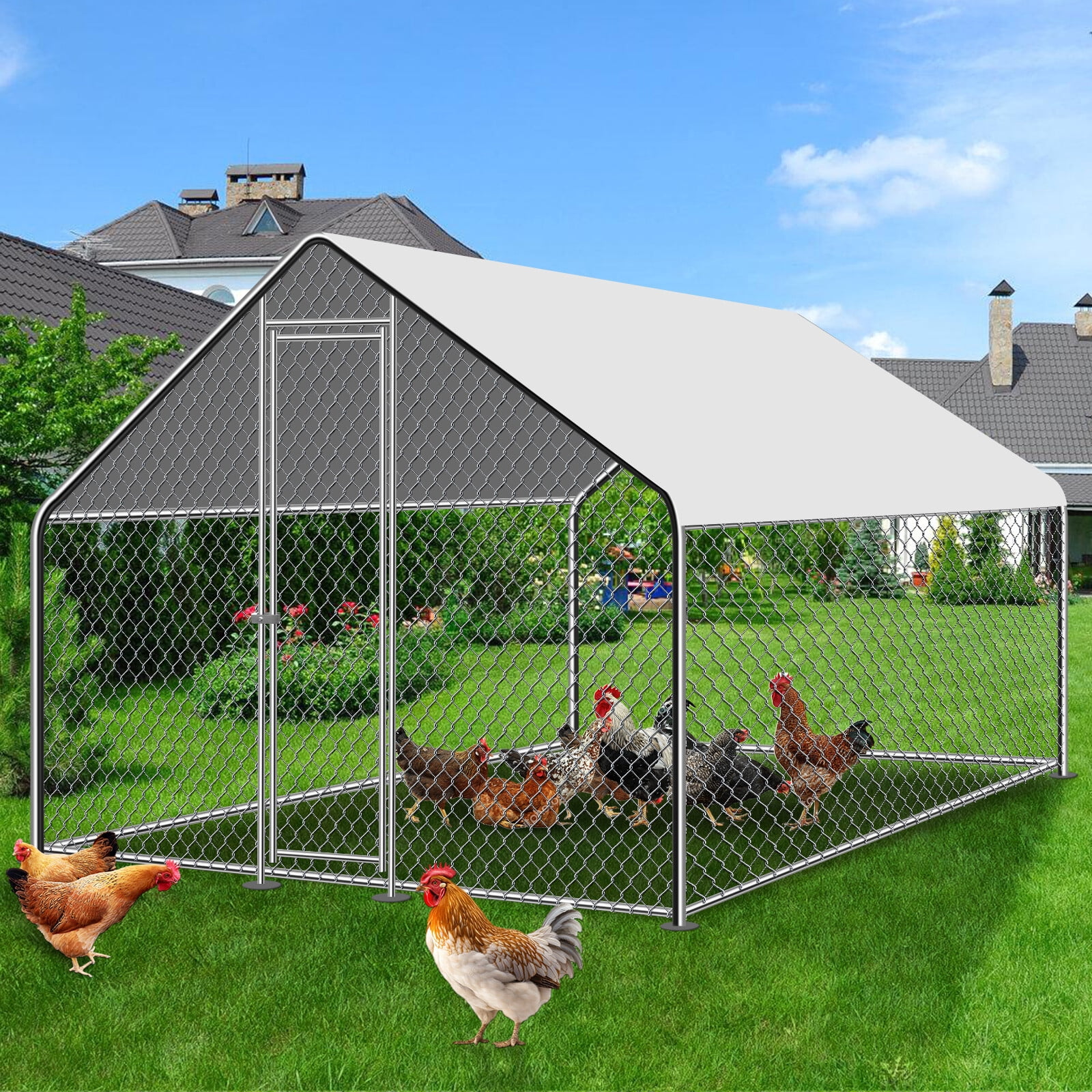 SAEWUD Metal Walk-in Chicken Run Coop, Fully Covered Metal Hen House ...