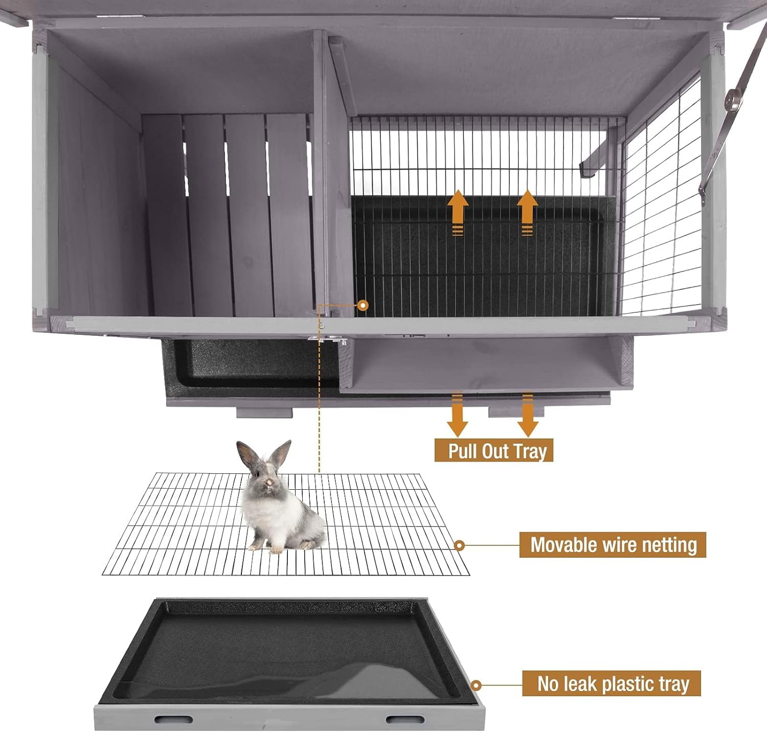 SAEWUD Outdoor Rabbit Hutch with Pull-Out Tray, Wooden Bunny Cage for ...