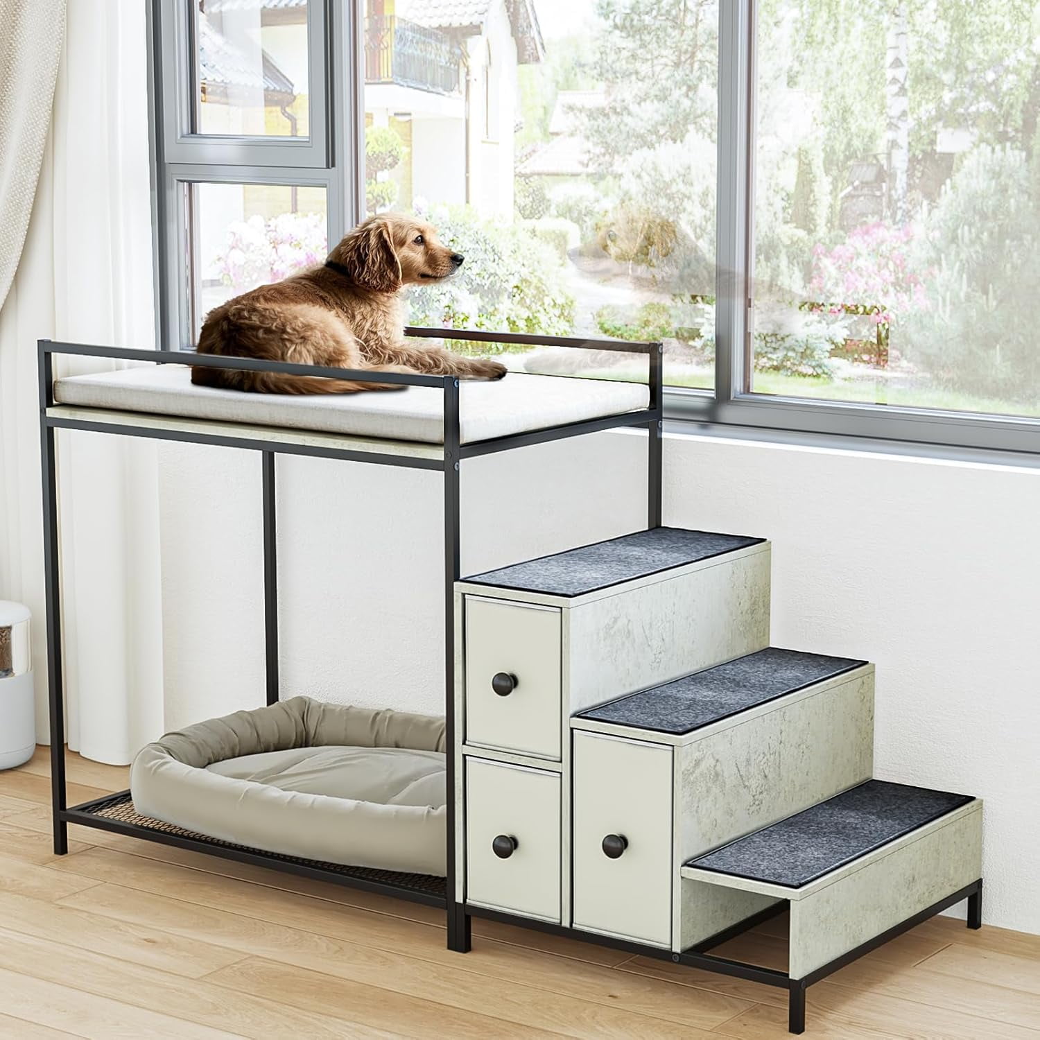 SAEWUD Pet Bunk Bed with Stairs and Storage – Multi-Level Elevated Dog ...