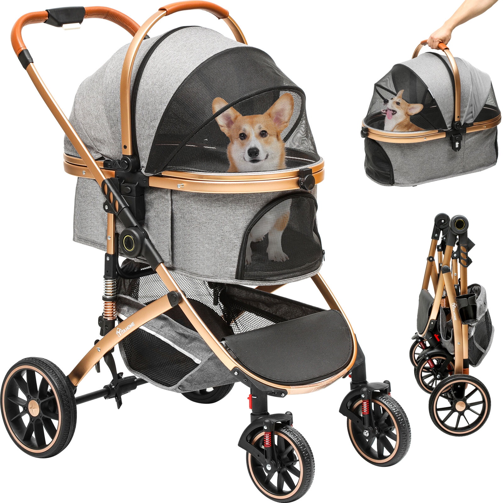 SAEWUD Pet Stroller 3 in 1 Folding Lightweight Dog Stroller with ...