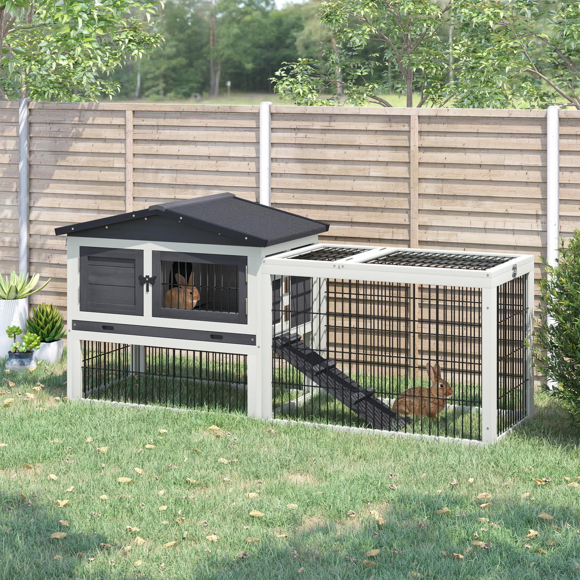SAEWUD Solid Wood Rabbit Hutch with 2 House Levels and Patio Space ...