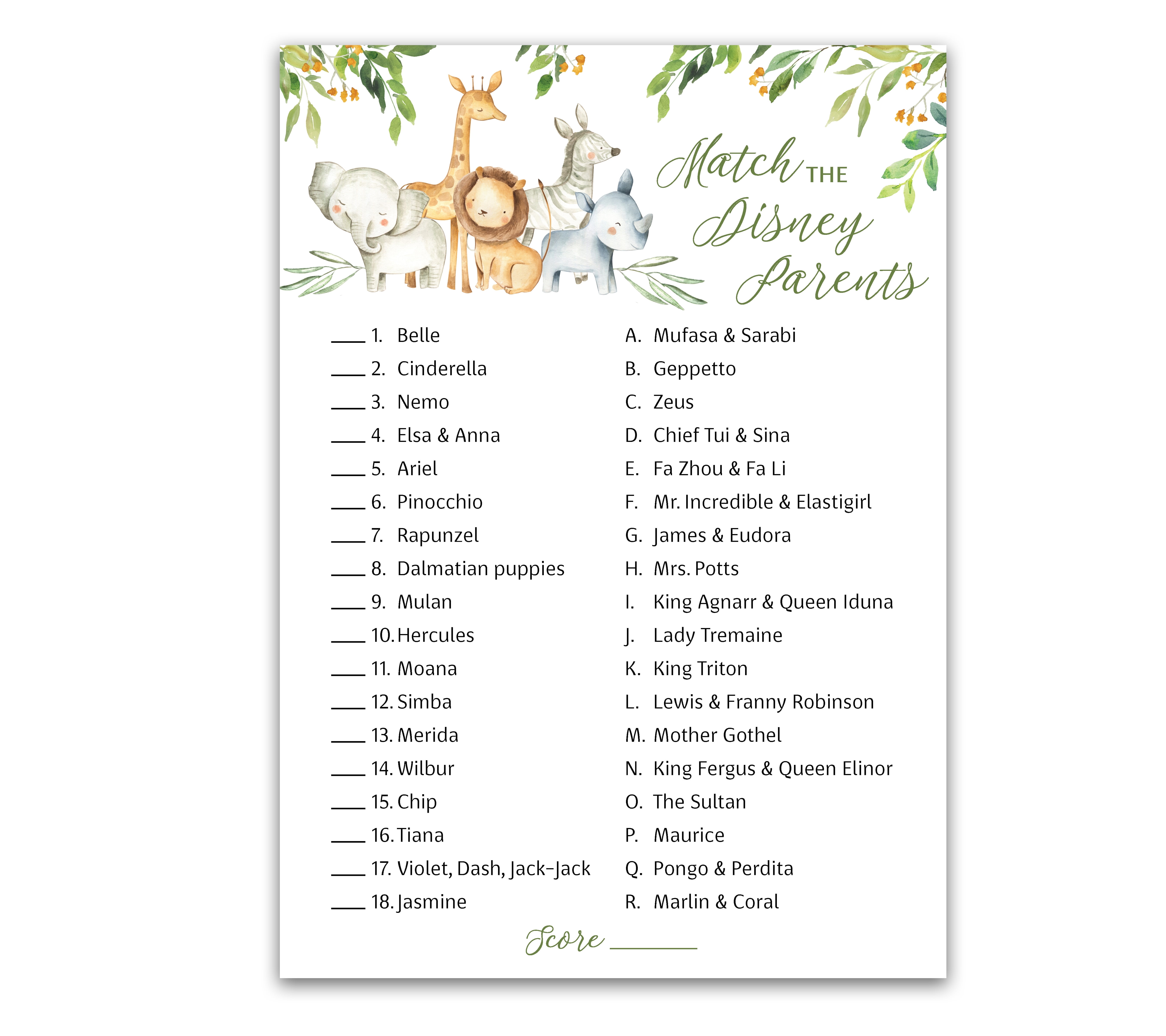 Disney Safari Animals Match Game - Famous Parents Baby Shower - Pack of ...