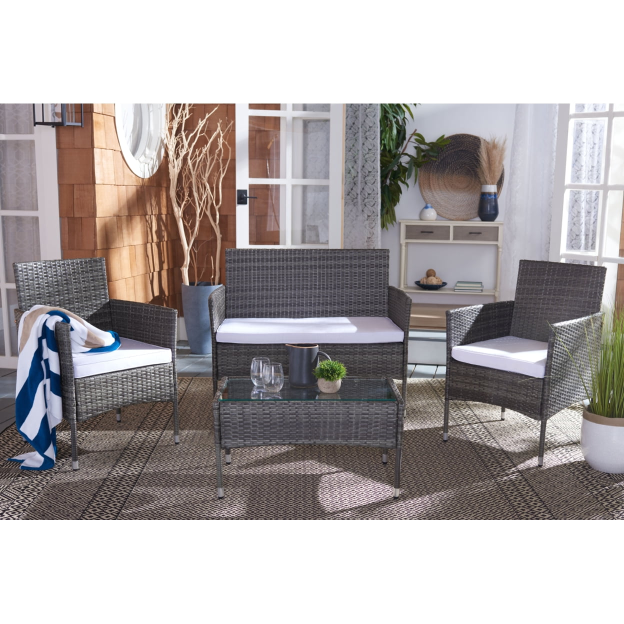 SAFAVIEH Abdul Outdoor Patio 4 Pc Conversation Set, Grey Brown/White ...