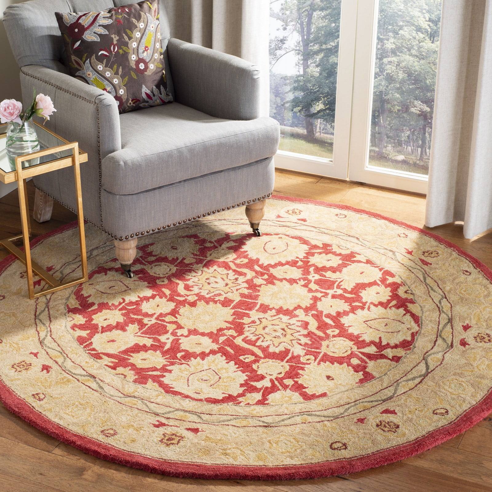 SAFAVIEH Anatolia Tracy Floral Wool Area Rug, Red/Ivory, 8' x 8' Round ...