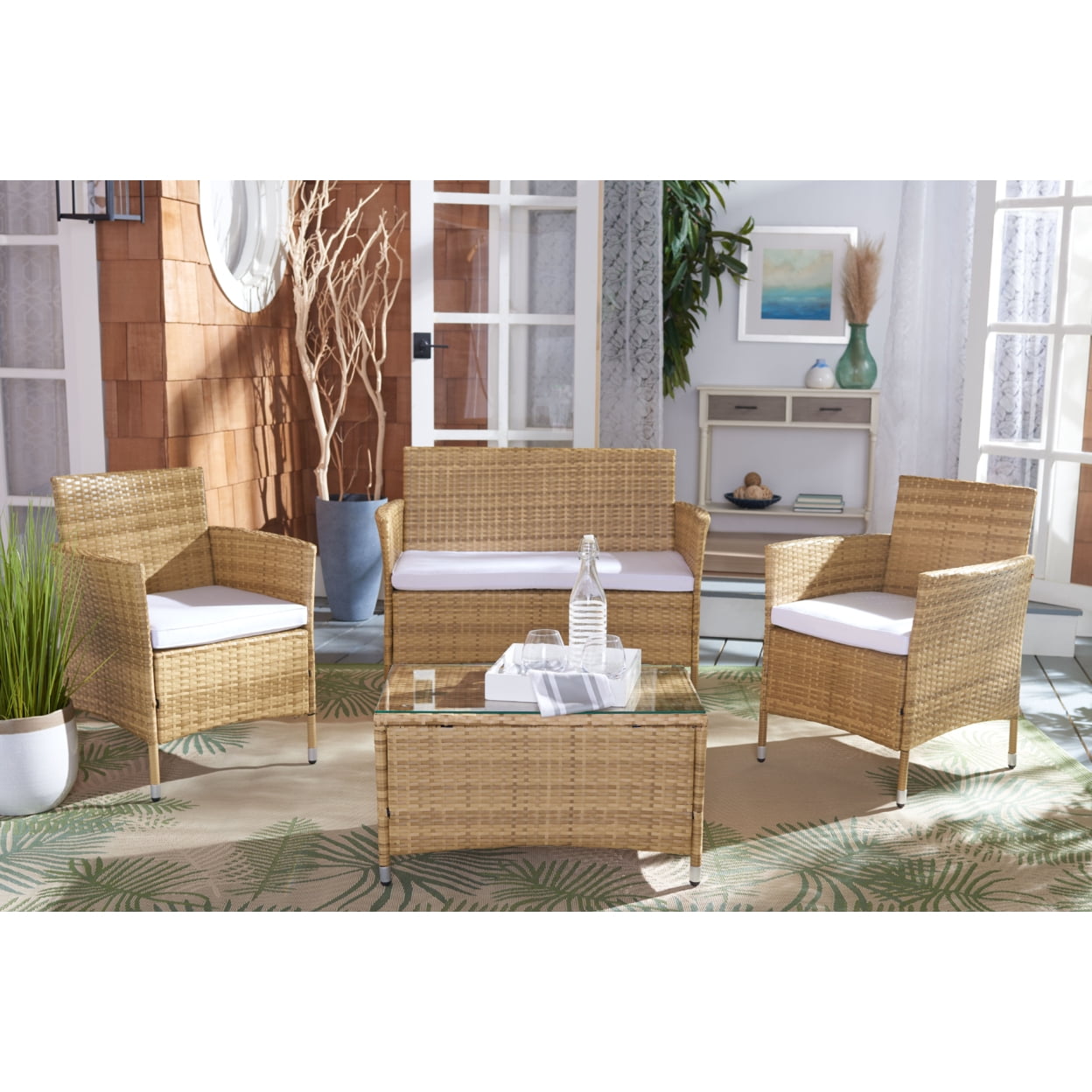 SAFAVIEH Bandele Outdoor Patio 4 Pc Conversation Set, Natural/White ...