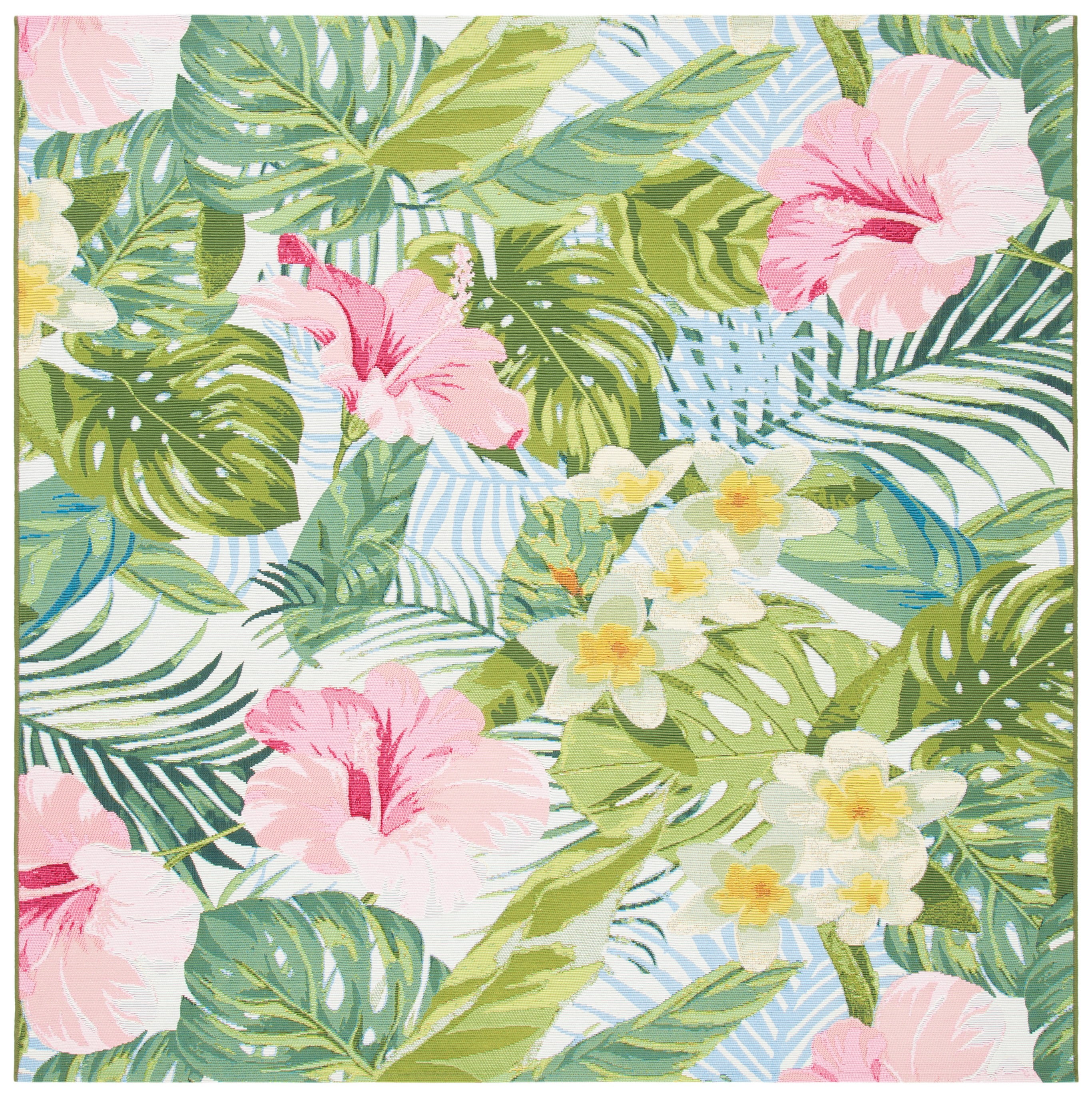 SAFAVIEH Barbados Floral Outdoor Area Rug, Green/Pink, 5'3" x 5'3 ...