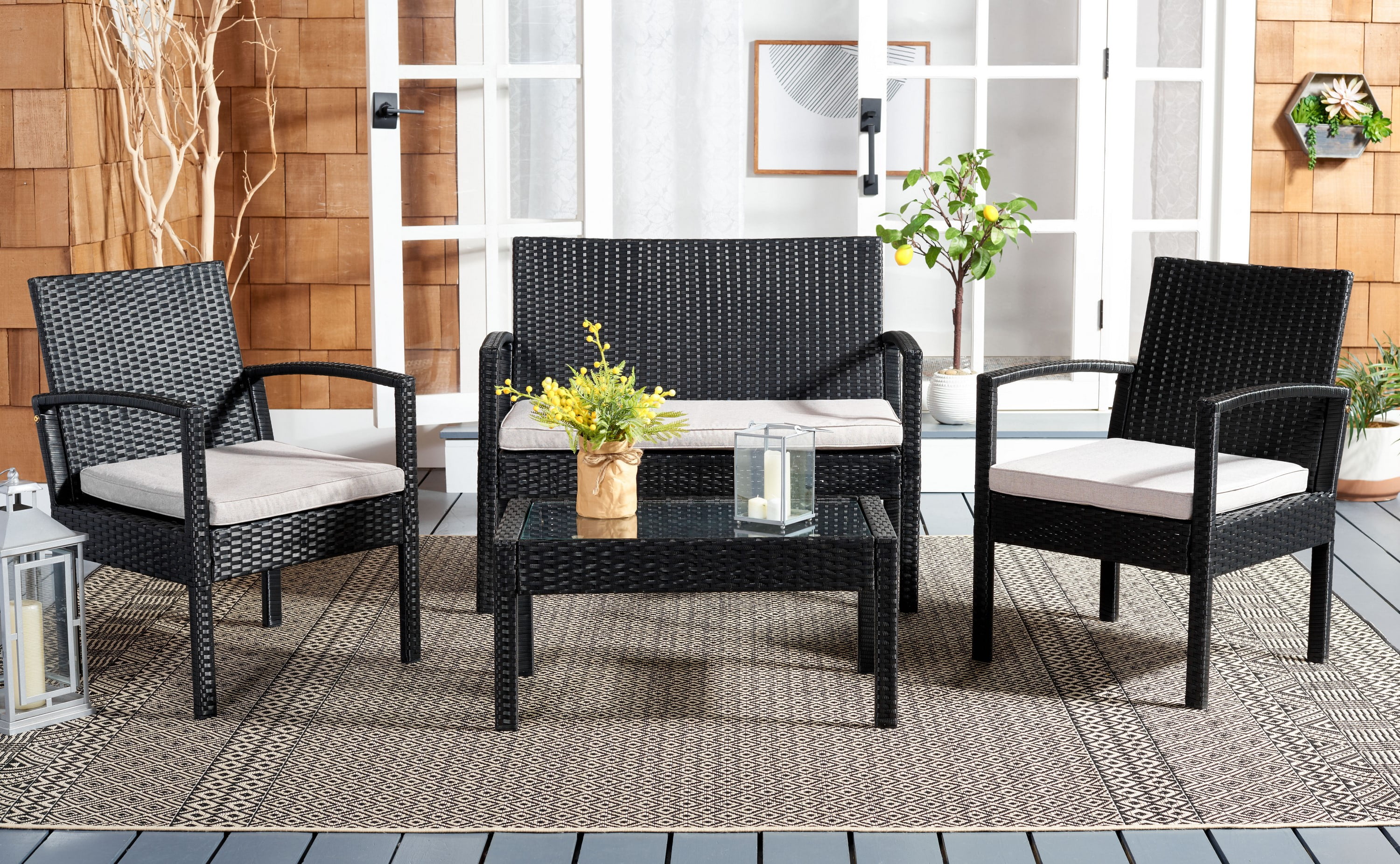 SAFAVIEH Bassey Outdoor Patio 4 Pc Conversation Set, Black/Light Grey - Walmart.com