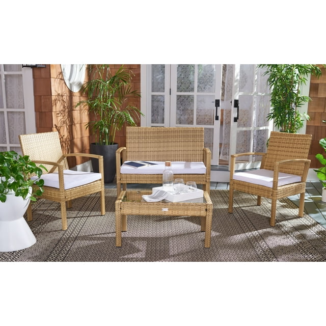 SAFAVIEH Bassey 4 Pc Wicker and Steel Outdoor Patio Conversation Set ...
