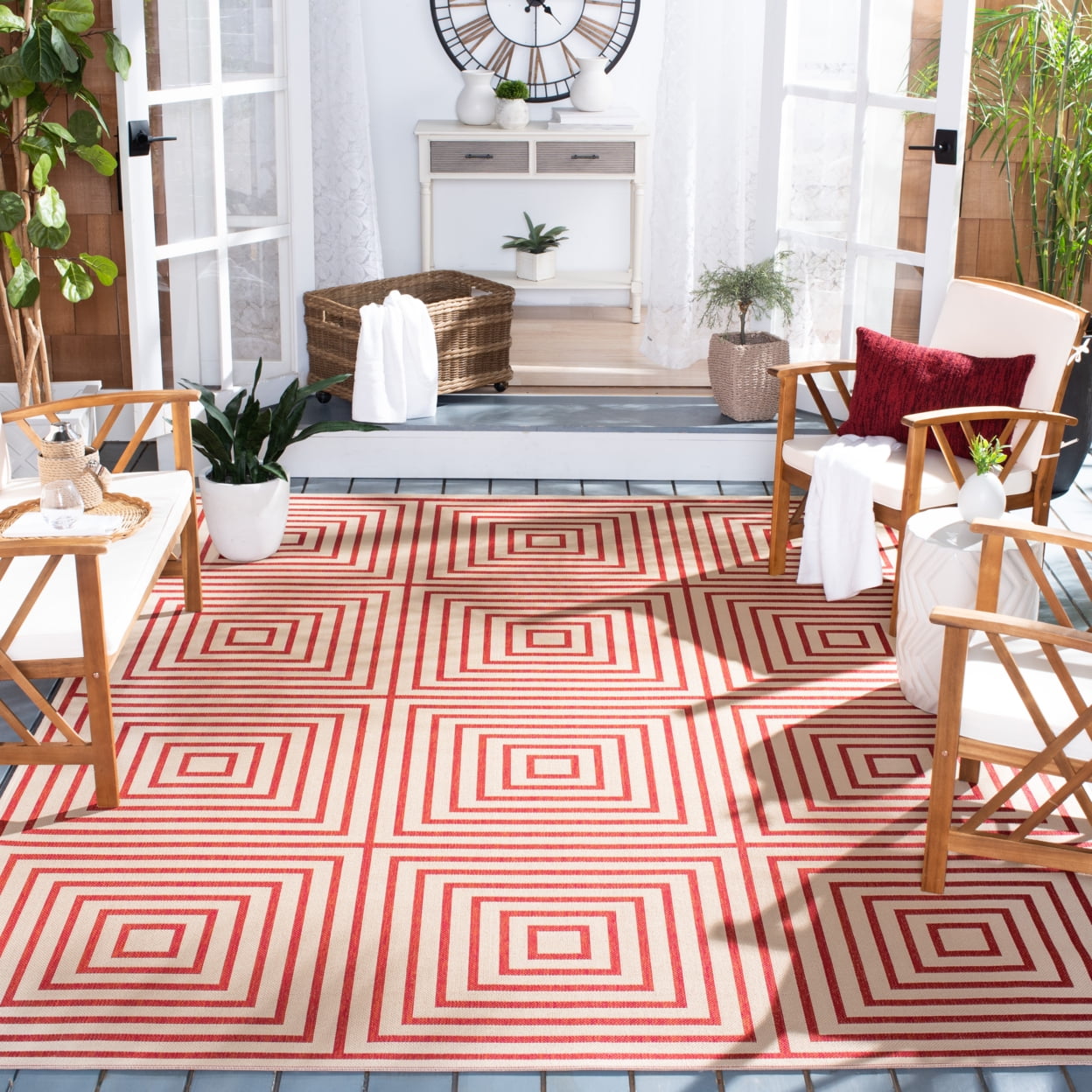 SAFAVIEH Beach House Indoor-Outdoor Patio Area Rug, Red/Creme ...