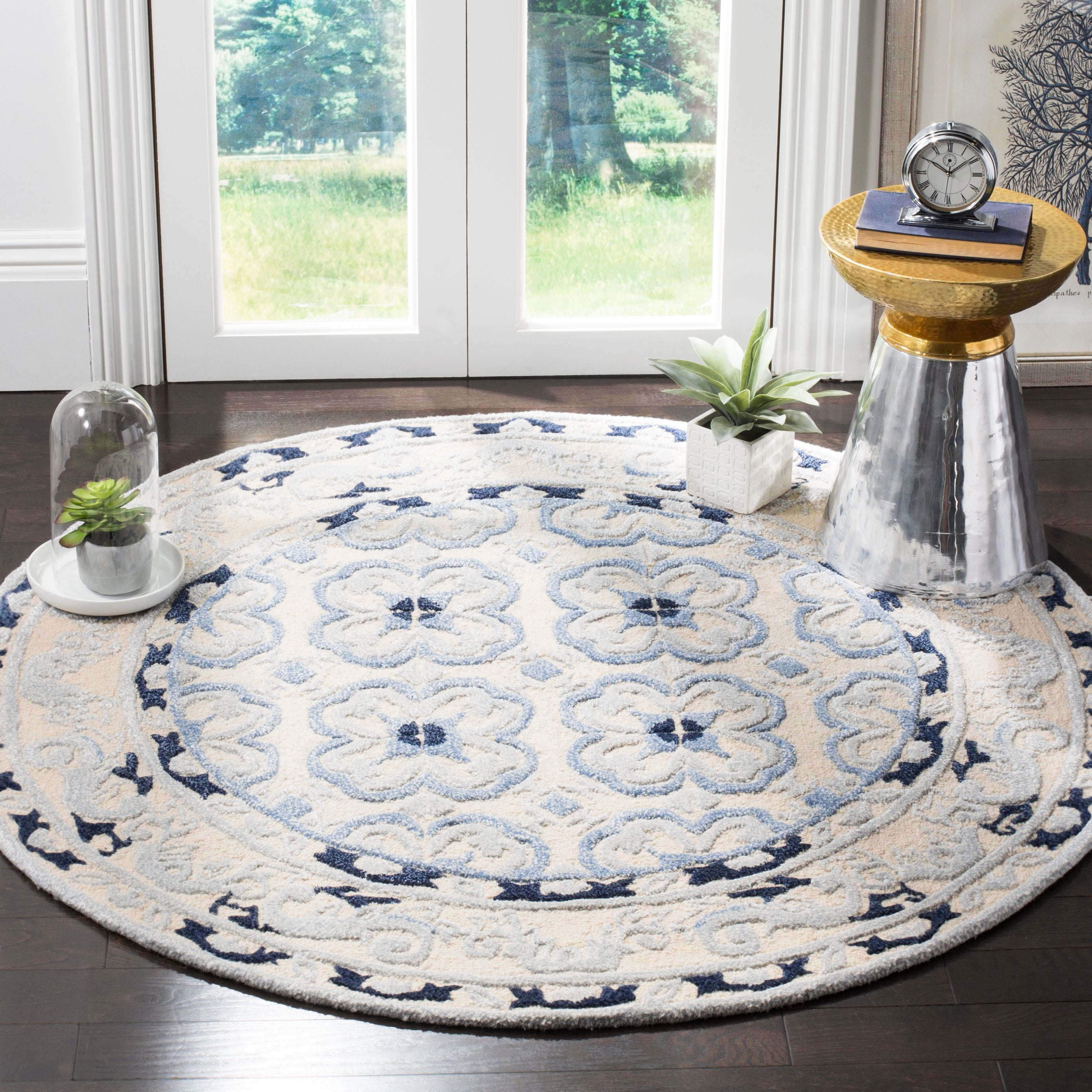 SAFAVIEH Bella Maggie Geometric Bordered Wool Area Rug, Ivory/Blue, 5 ...