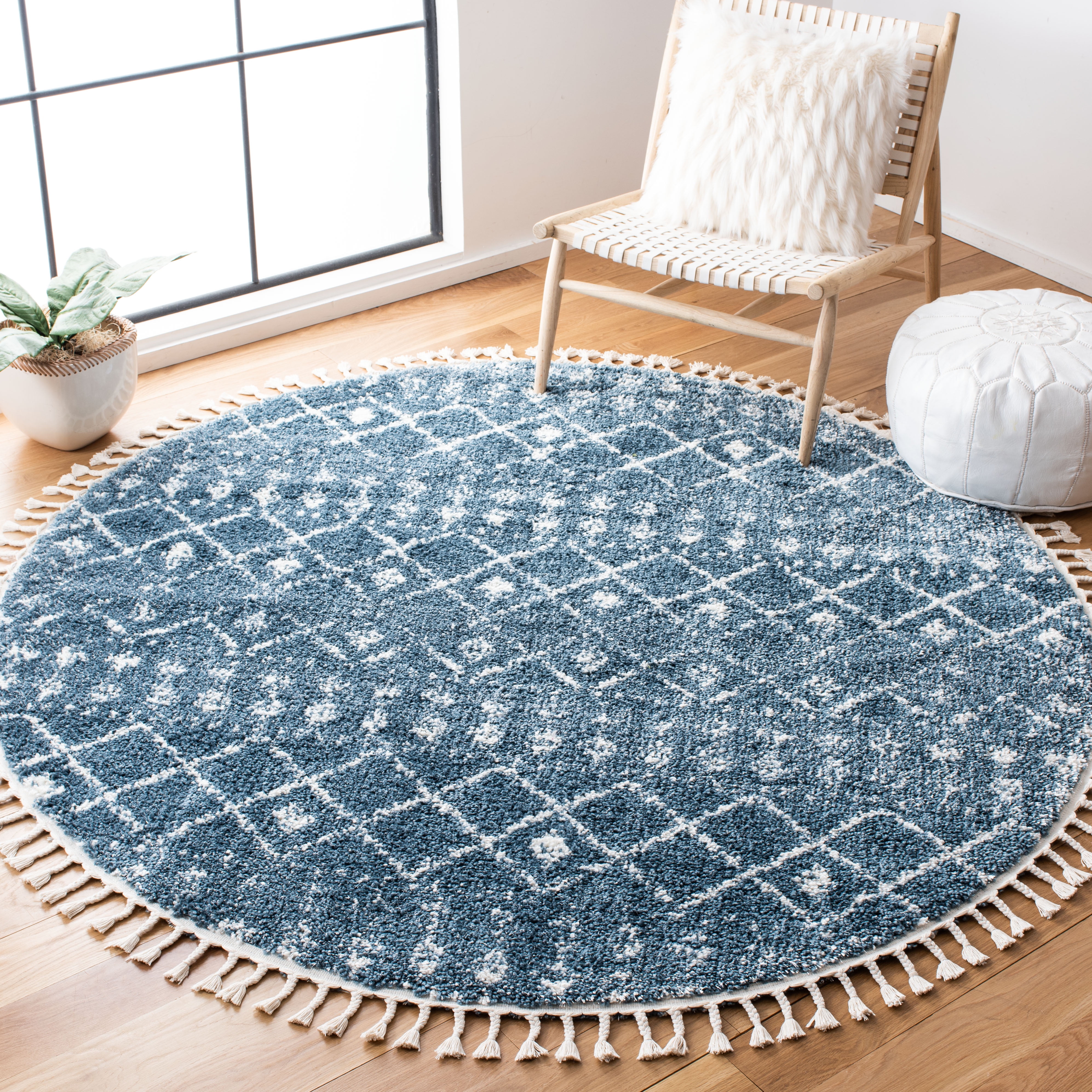 SAFAVIEH Berber Fringe Nathan Aztec Shag Area Rug, Blue/Ivory, 6'7" x 6 ...