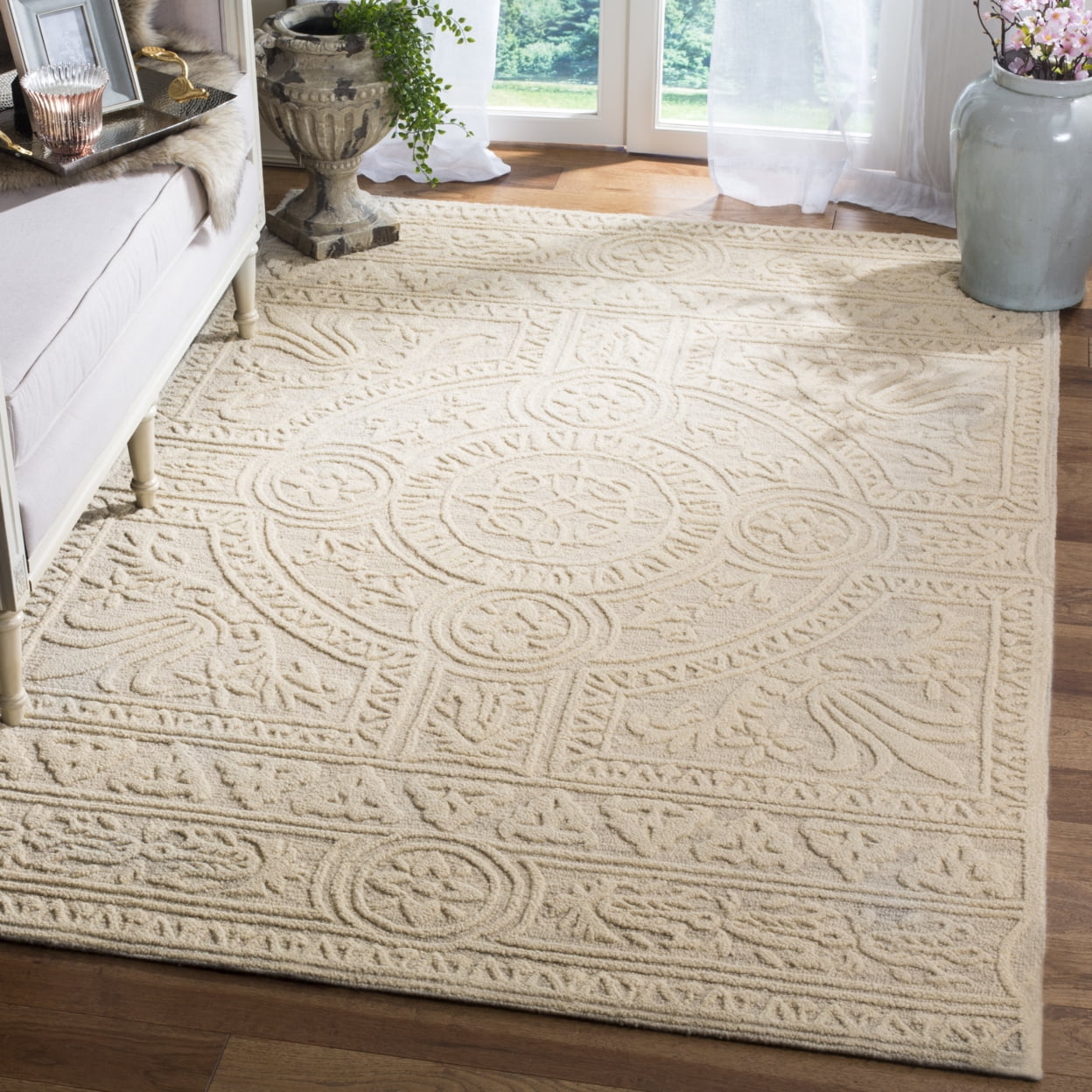 SAFAVIEH Blossom Roy Geometric Wool Area Rug, Light Grey/Ivory, 9' x 12 ...