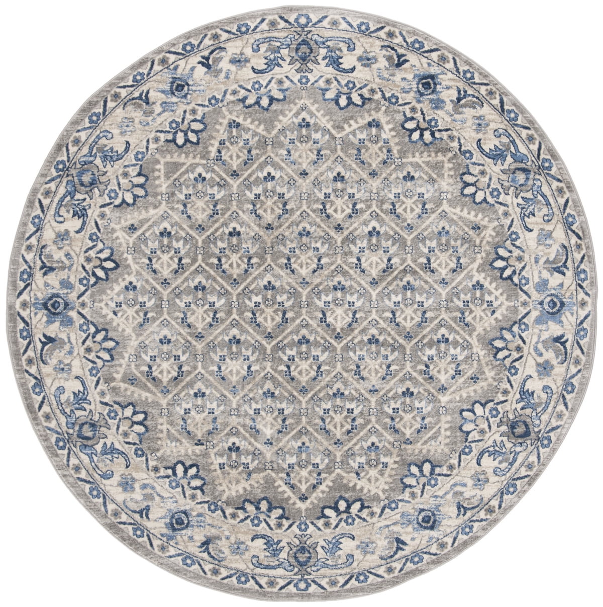 SAFAVIEH Brentwood 10' x 10' Round Light Grey/Blue Floral Geometric ...