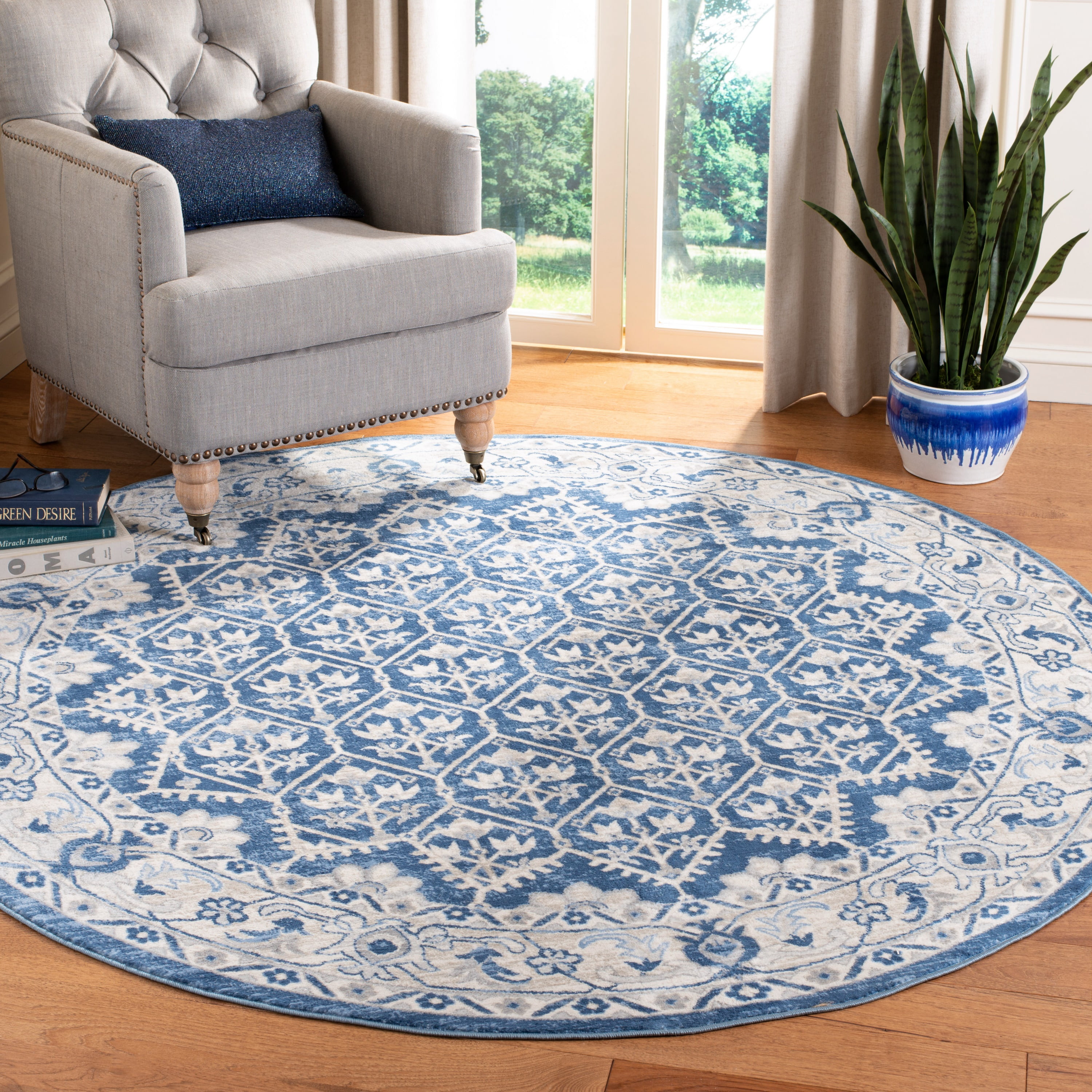 SAFAVIEH Brentwood Mide Floral Geometric Area Rug, 5' x 5' Round, Navy ...