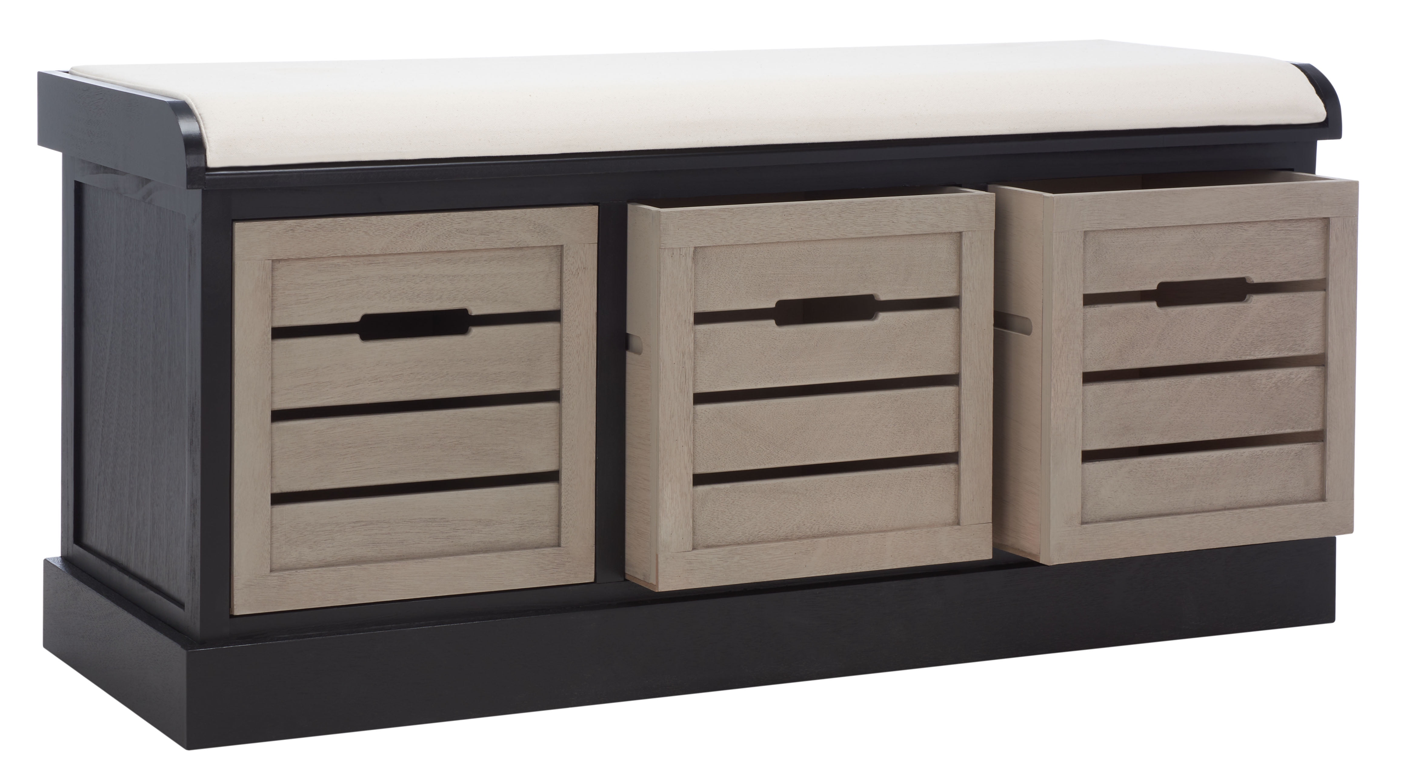 SAFAVIEH Briar 3 Drawer Cushion Bench, Black Frame/Greige Drawers (42 ...
