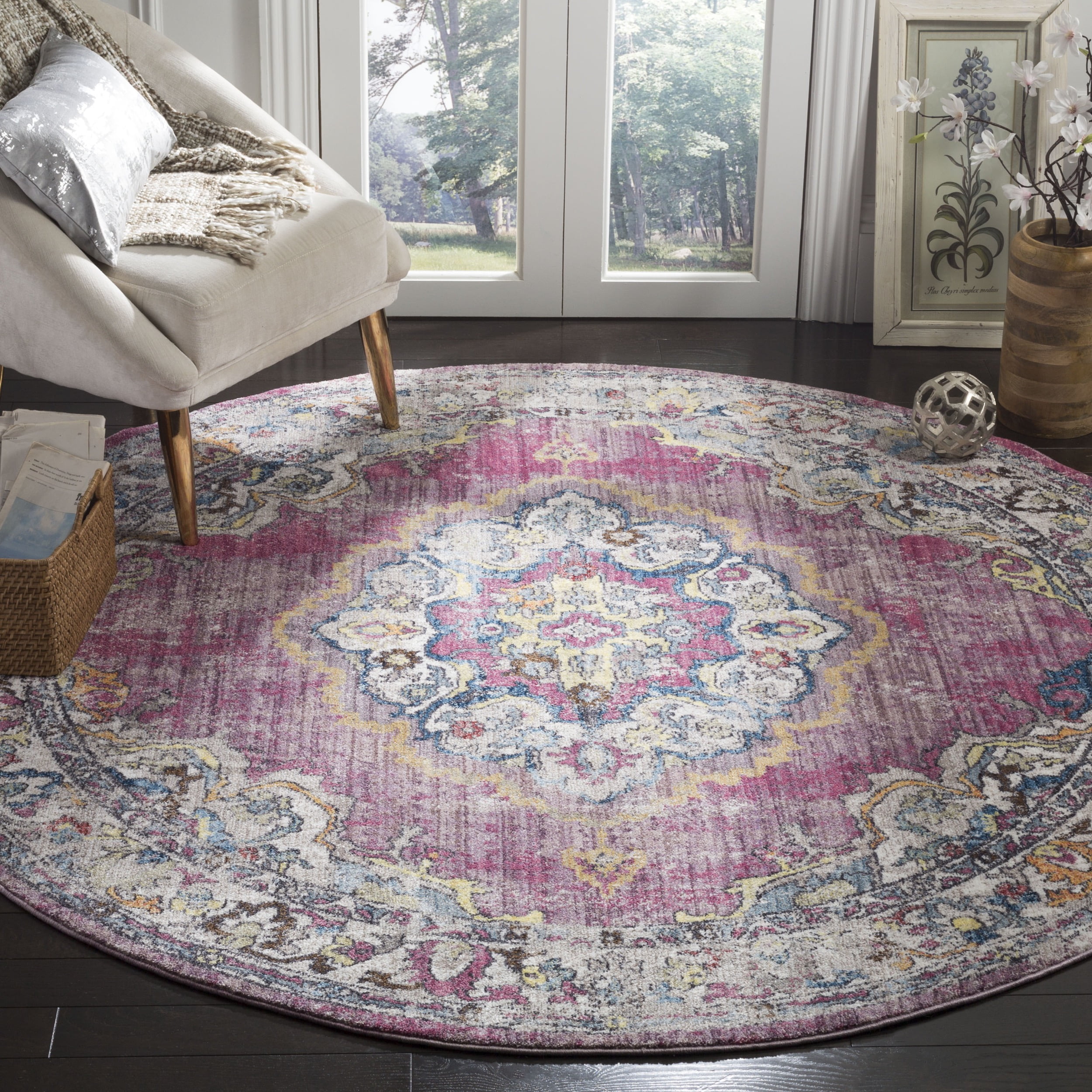 SAFAVIEH Bristol Doncho Oriental Polyester Area Rug, Fuchsia/Light Grey ...