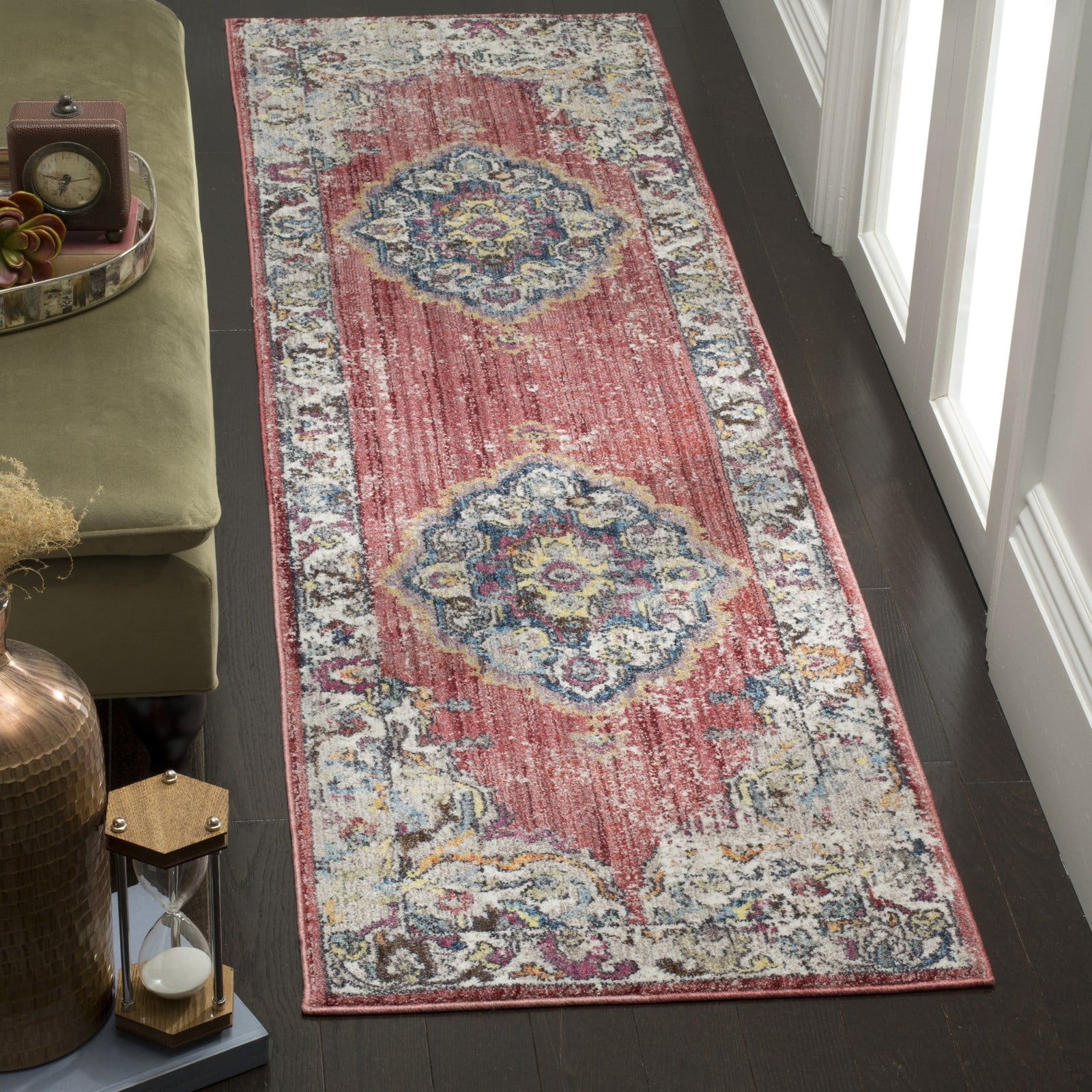 SAFAVIEH Bristol Doncho Oriental Polyester Runner Rug, Rose/Light Grey ...