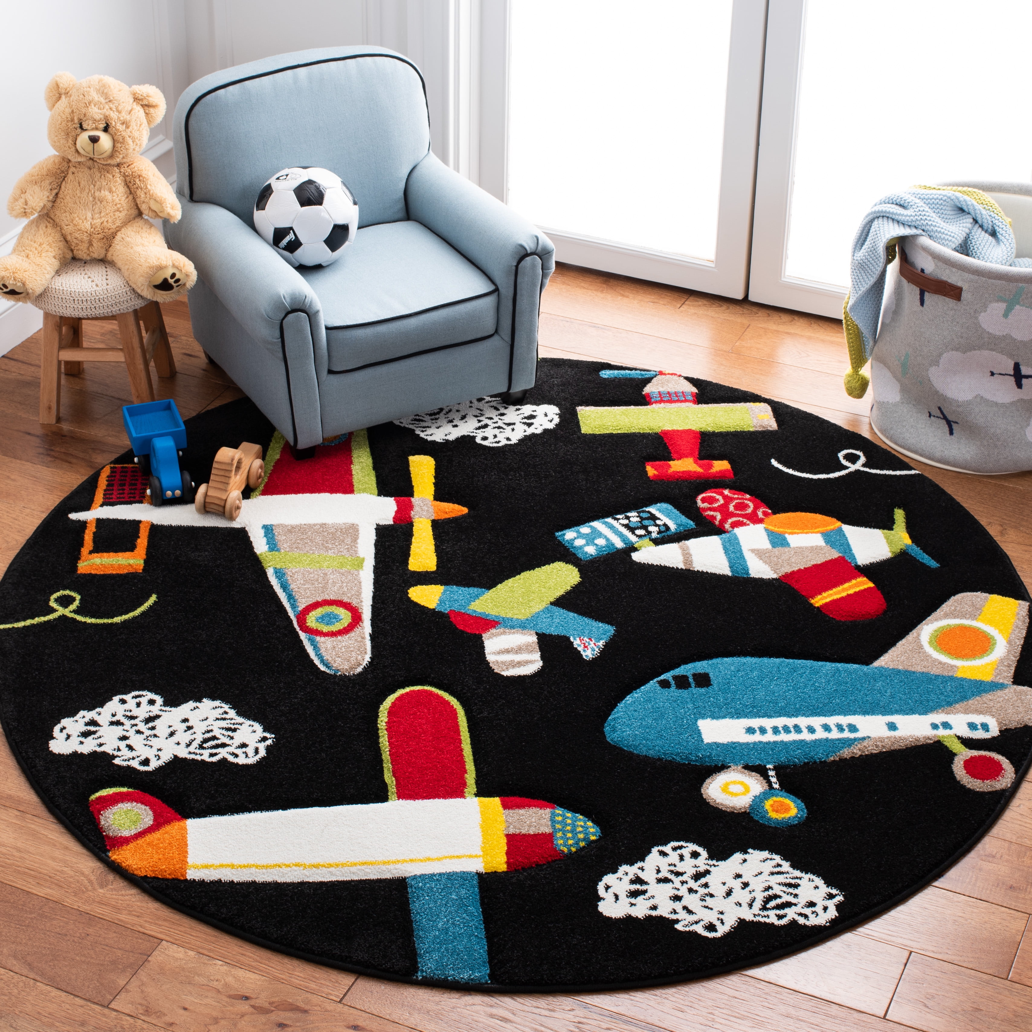 SAFAVIEH Carousel Kids Caroline Airplanes Area Rug, Black/Ivory, 5'3" x ...