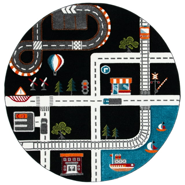 SAFAVIEH Carousel Kids Devan Train Track Area Rug, Black/Ivory, 6'7" x ...