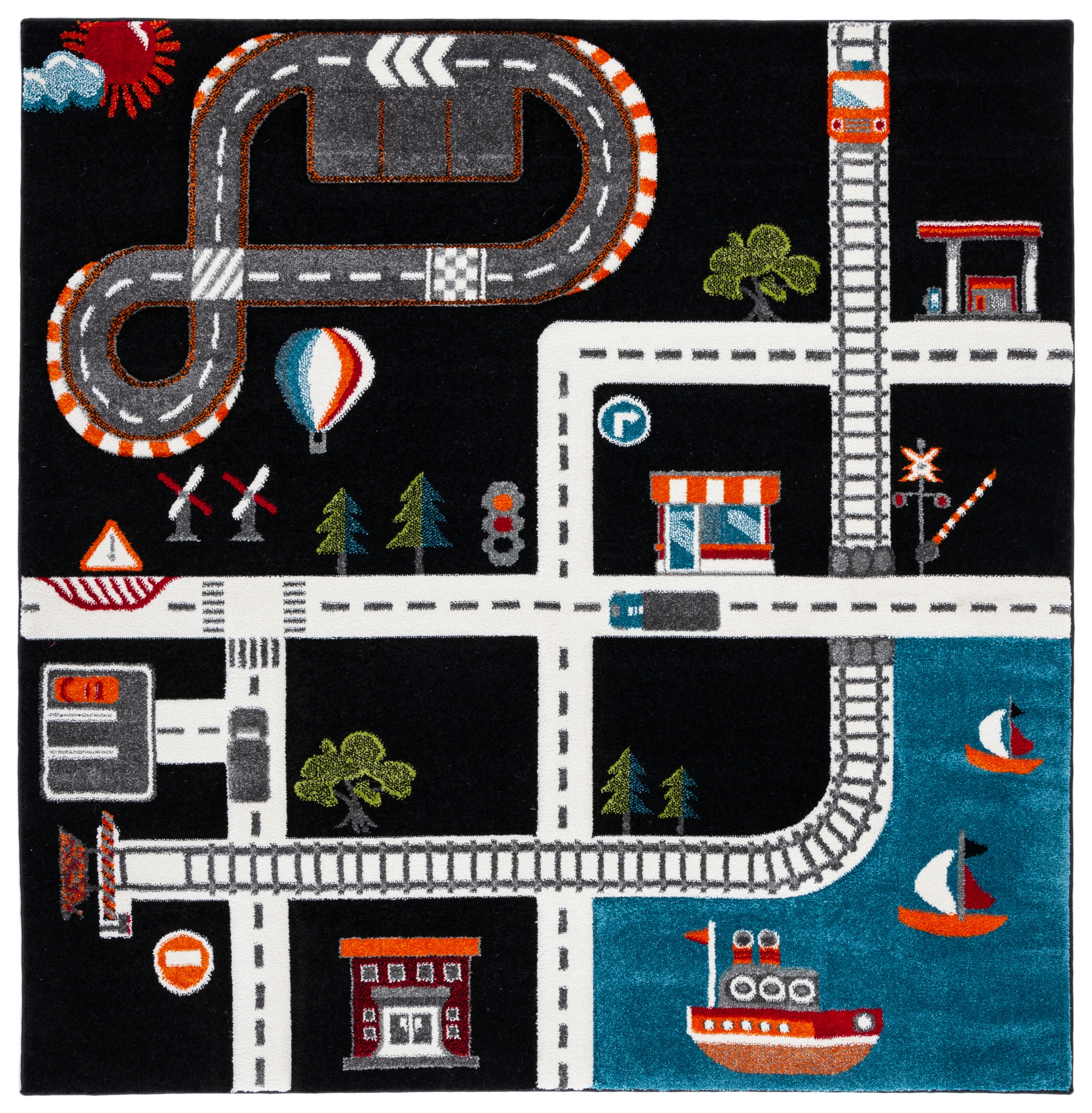 SAFAVIEH Carousel Kids Devan Train Track Area Rug, Black/Ivory, 6'7" x ...