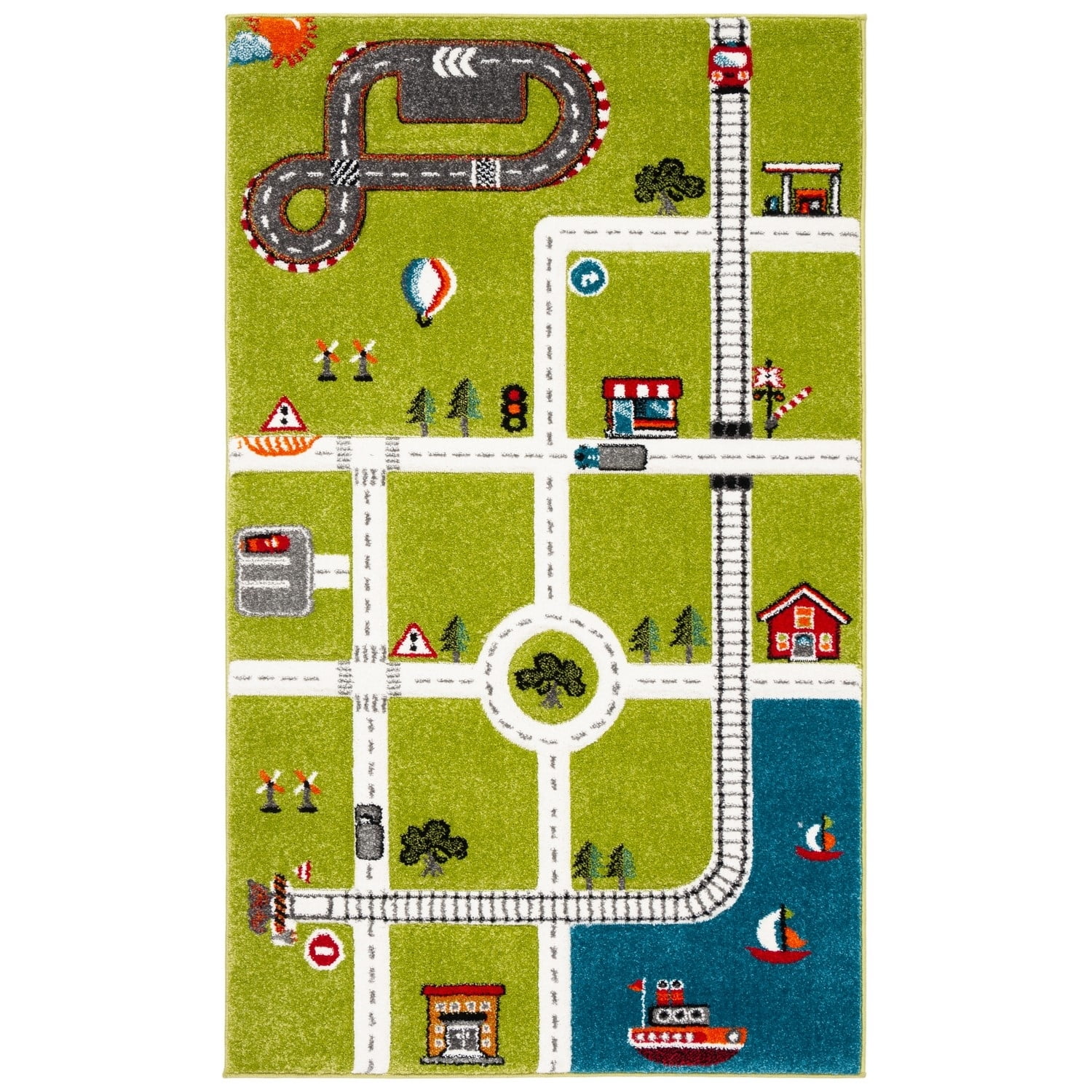SAFAVIEH Carousel Kids Devan Train Track Area Rug, Green/Ivory, 3'3" x ...