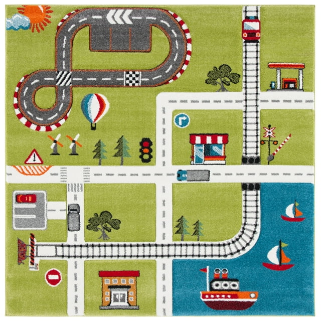 SAFAVIEH Carousel Kids Devan Train Track Area Rug, Green/Ivory, 5'3" x ...