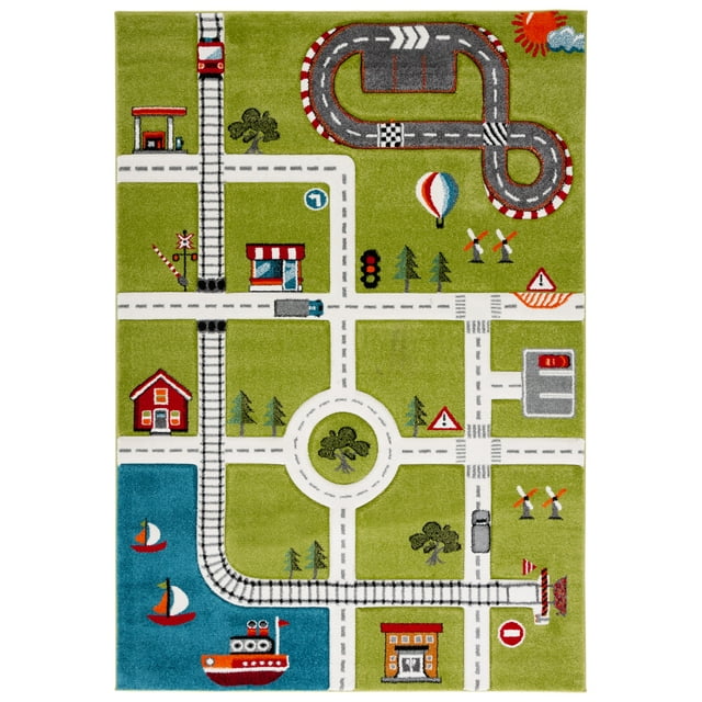 SAFAVIEH Carousel Kids Devan Train Track Area Rug, Green/Ivory, 5'3" x ...