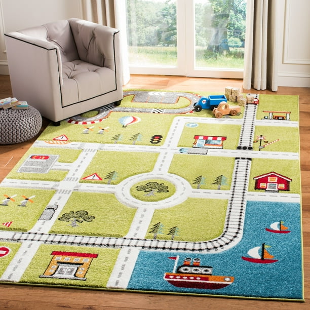 SAFAVIEH Carousel Kids Devan Train Track Area Rug, Green/Ivory, 8' x 10 ...