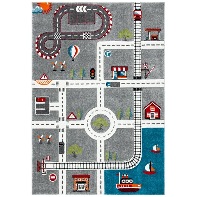 SAFAVIEH Carousel Kids Devan Train Track Area Rug, Grey/Ivory, 8' x 10 ...