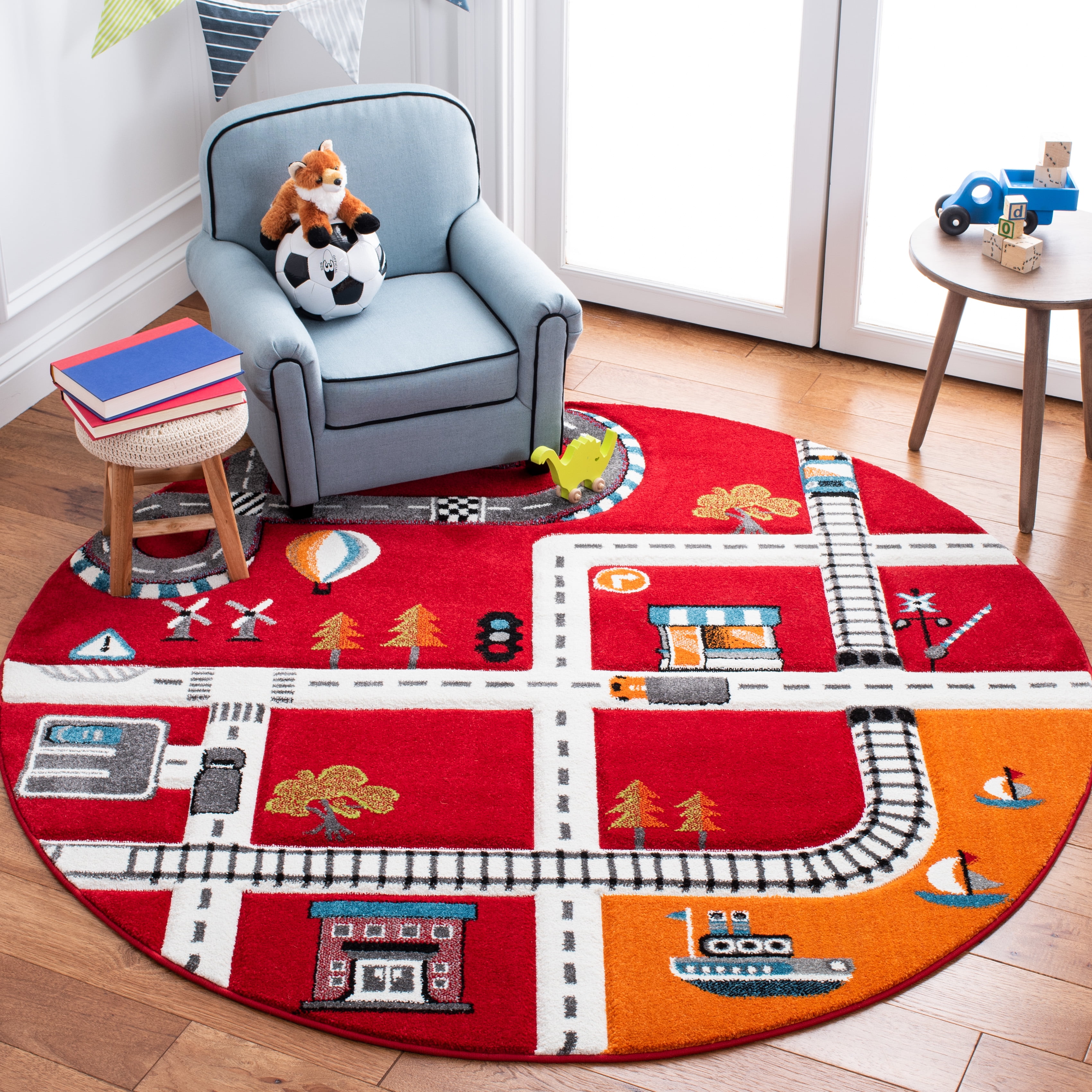 SAFAVIEH Carousel Kids Devan Train Track Area Rug, Red/Ivory, 5'3" x 5 ...